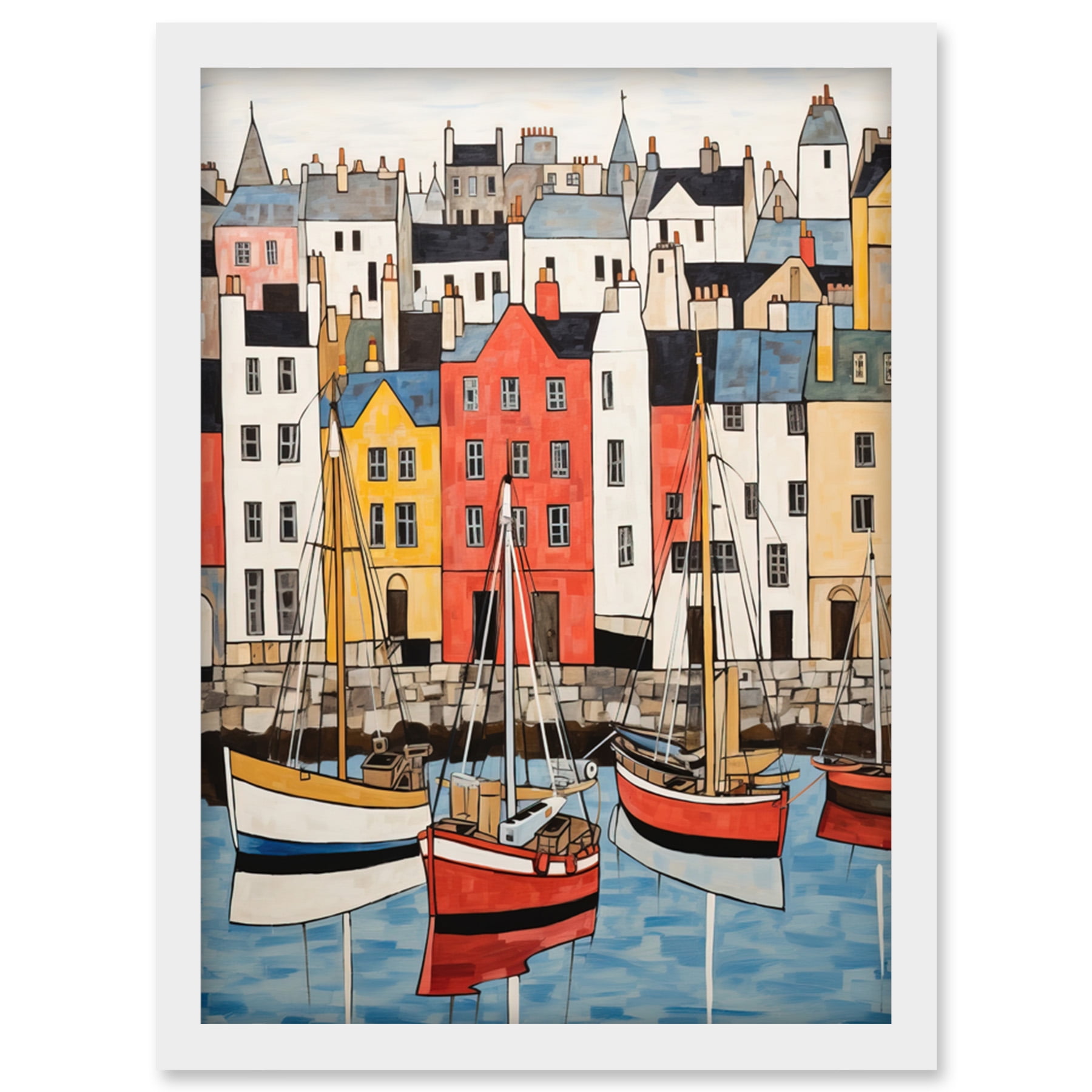 Colourful Town Harbour Acrylic Painting Red Yellow Blue Fishing Boats ...