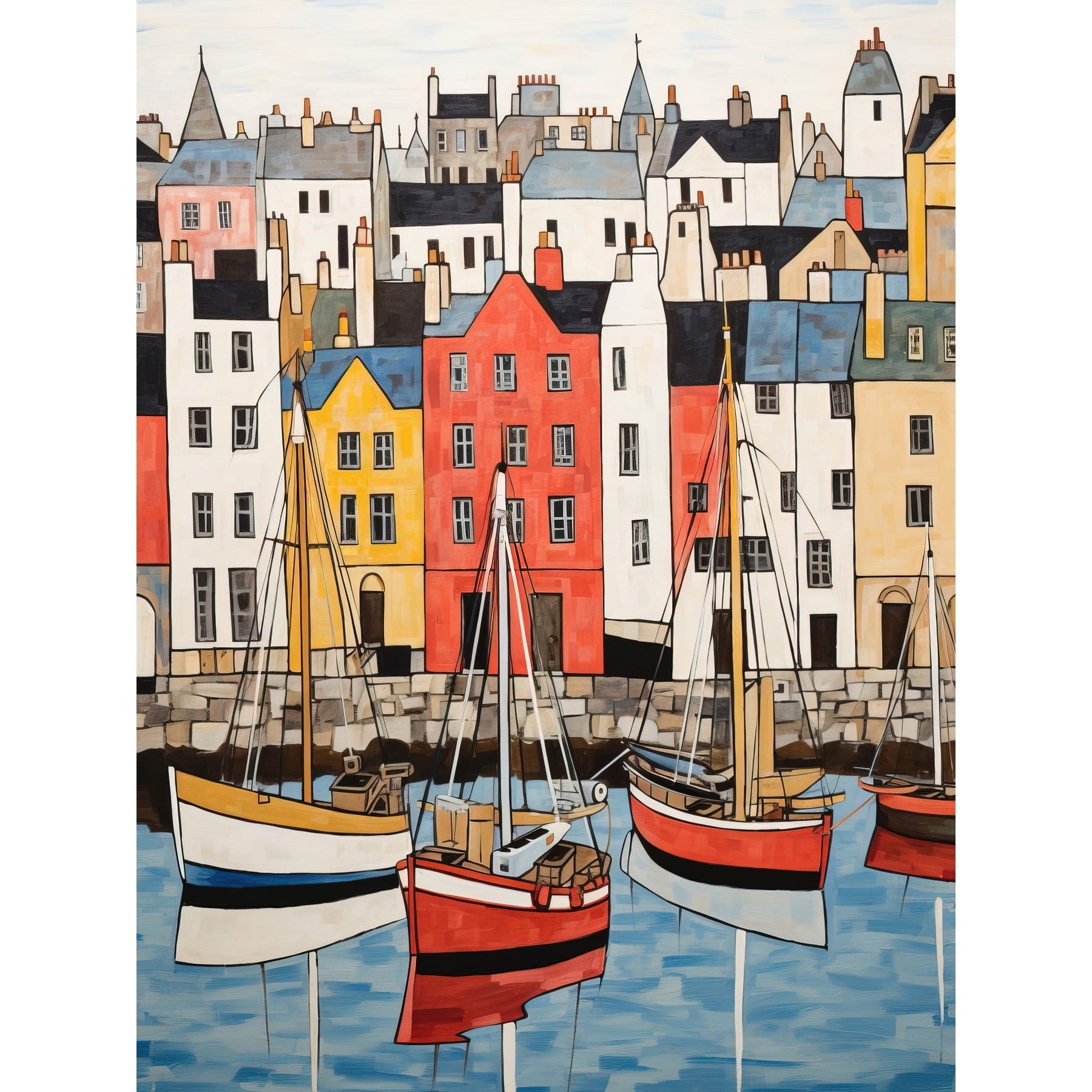 Colourful Town Harbour Acrylic Painting Red Yellow Blue Fishing Boats Coastal Townscape Extra ...
