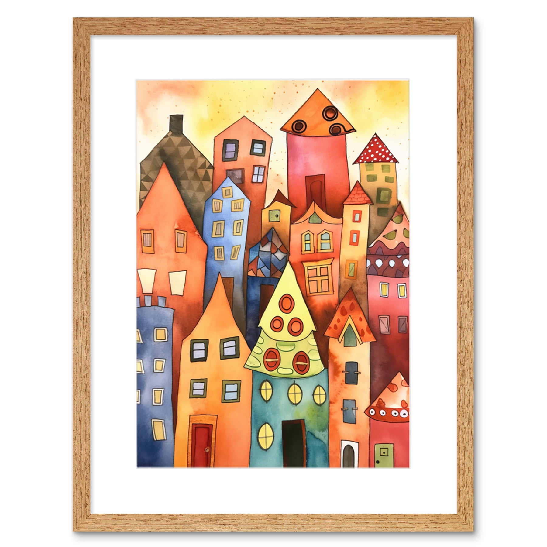 Colourful Townscape Folk Art Watercolour Painting Artwork Framed Print ...