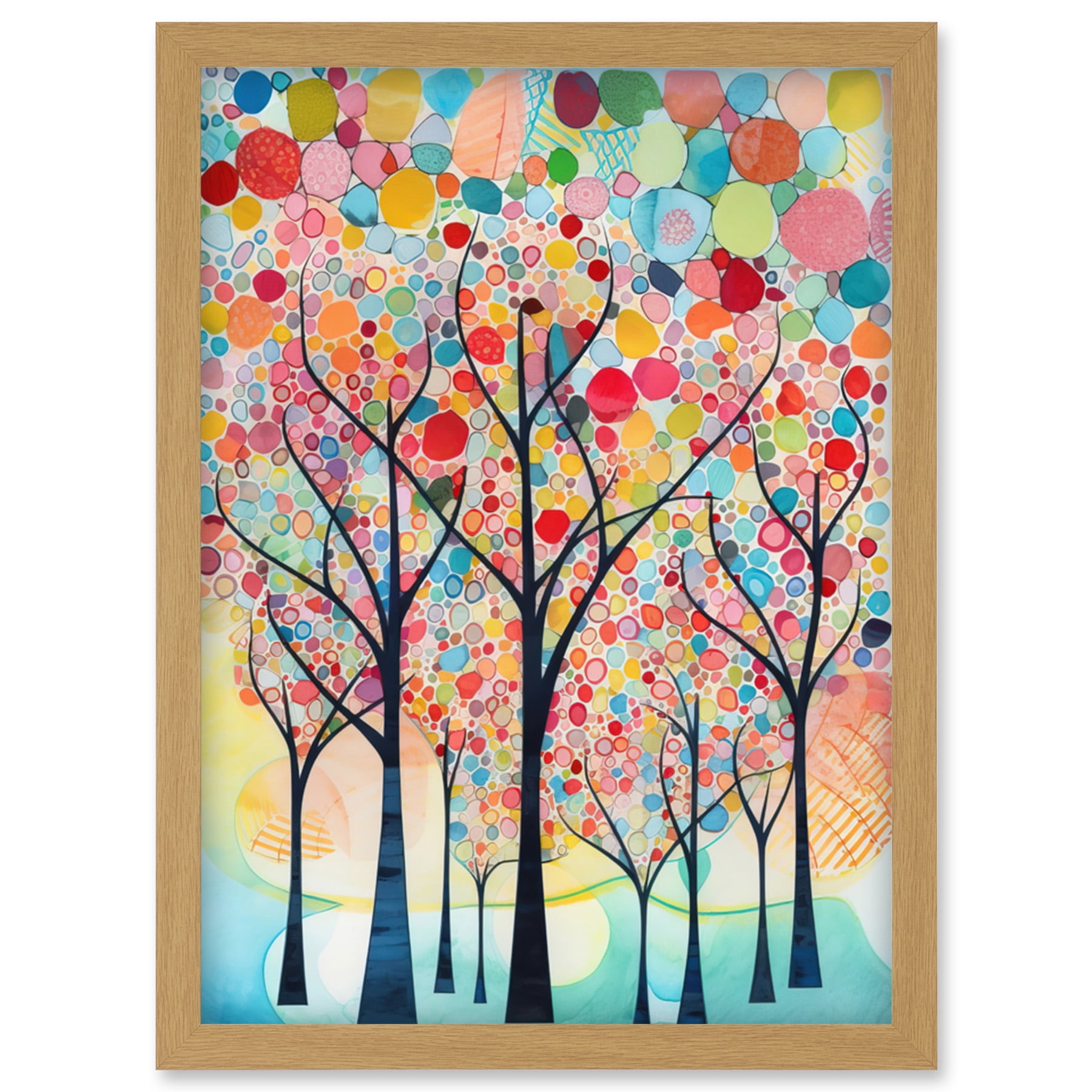 Colourful Trees Blooming In Spring Folk Art Watercolour Painting ...