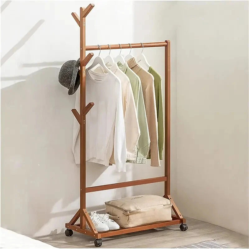 Colourtree Brown Bamboo Clothing Rack With Wheel , Garment Rack Rolling ...
