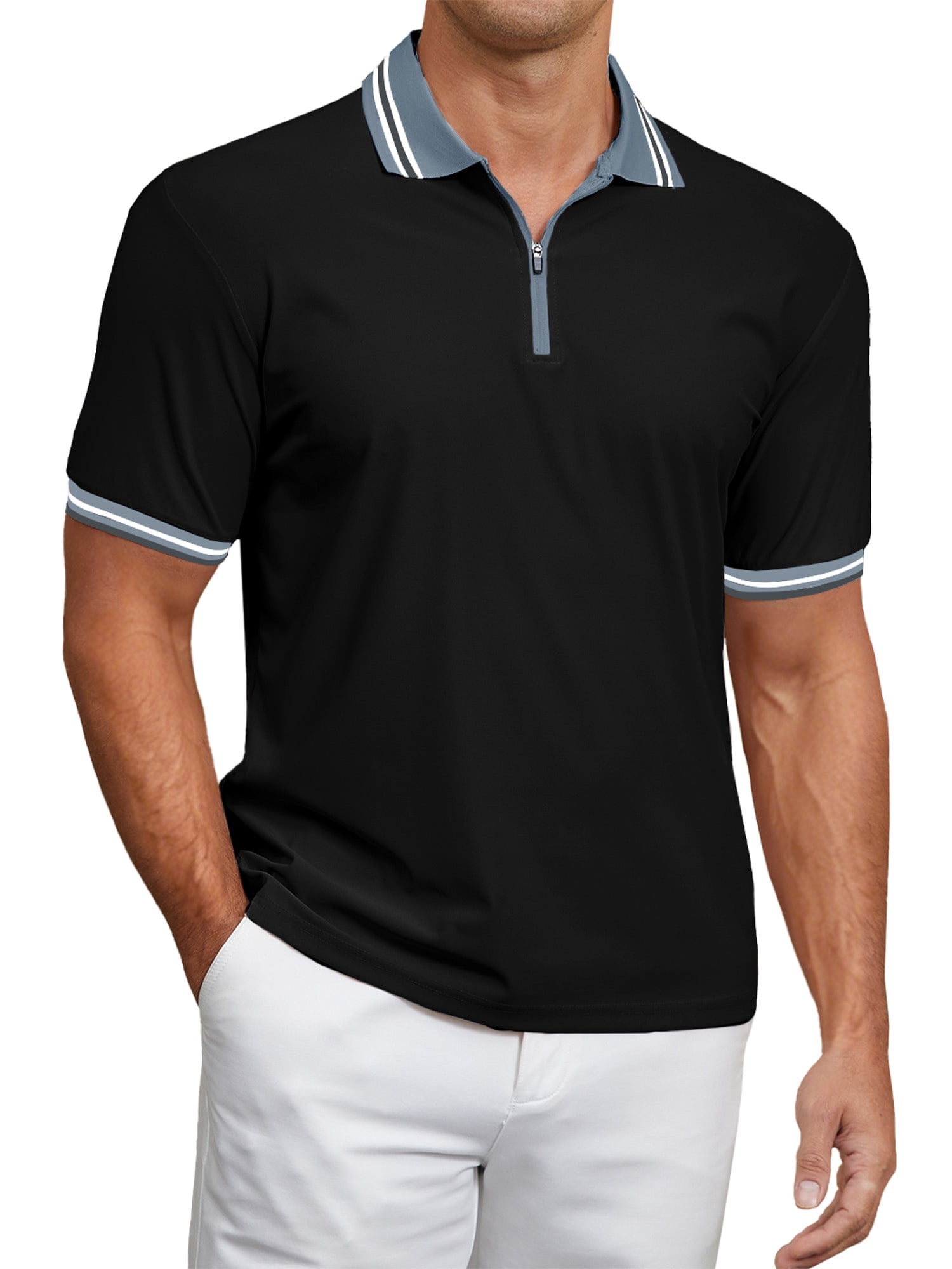 Colsmile Men's Half-Zip Polo Shirt, Short Sleeve Striped Collar Casual ...