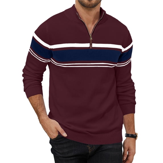 Colsmile Men's Quarter Zip Sweater Striped Ribbed Knit Pullover Casual ...