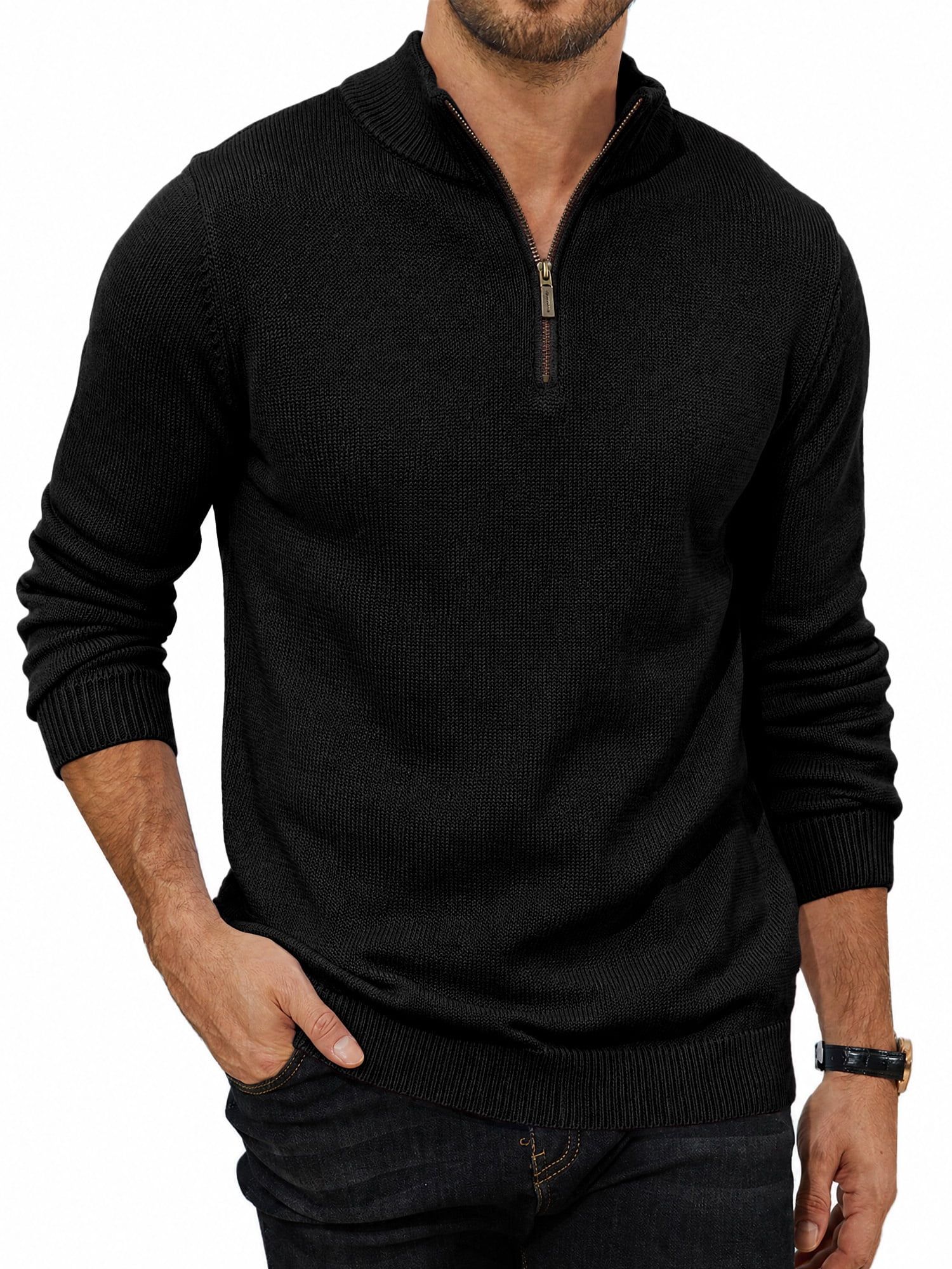 Colsmile Men's Quarter Zip Sweater Striped Ribbed Knit Pullover Casual ...