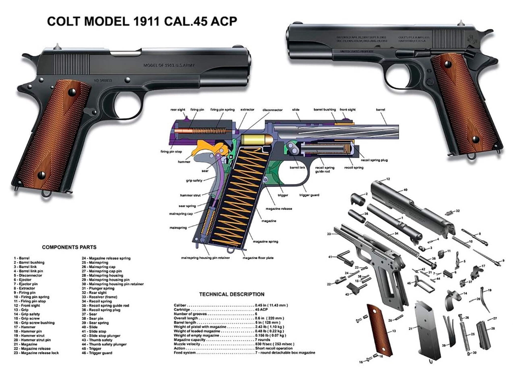 Colt 1911 Cal 45 Acp Gun Diagram Glossy Poster Picture Photo Print ...