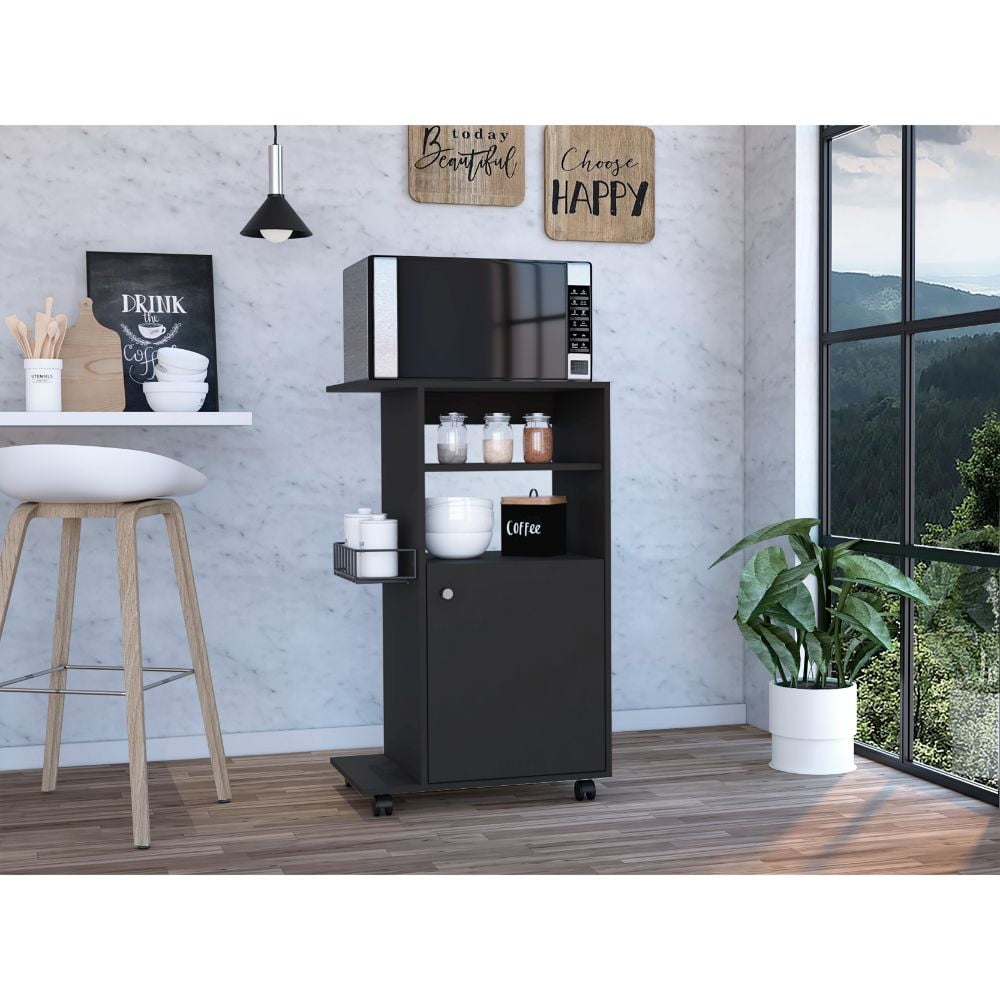 Columba Kitchen Cart,Single Door Cabinet,Four Caster,Black Engineered ...