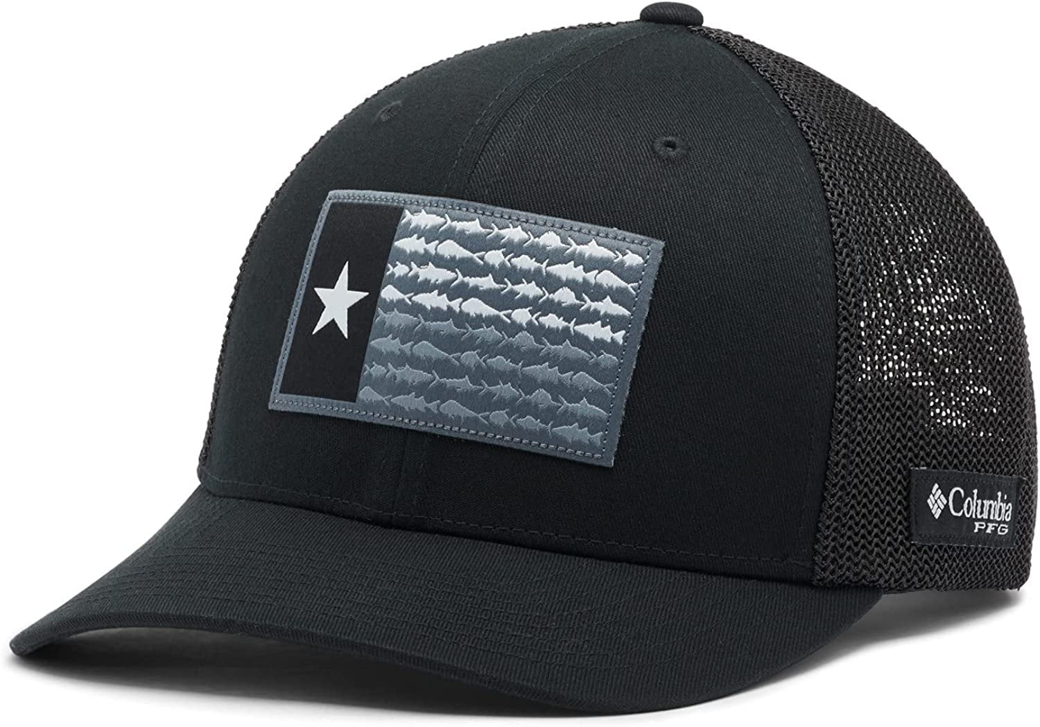 Columbia PFG Flag Mesh Ball Cap-High Crown, Black/Black/Texas Fish ...
