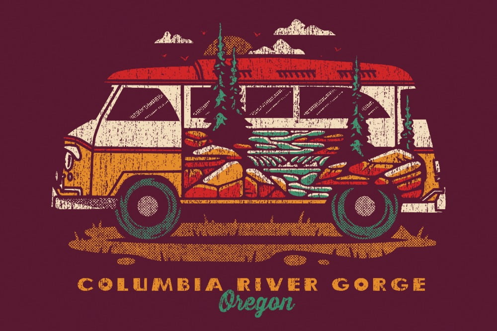 Columbia River Gorge, Oregon, LP Camper Van, Distressed Vector (12x18 ...