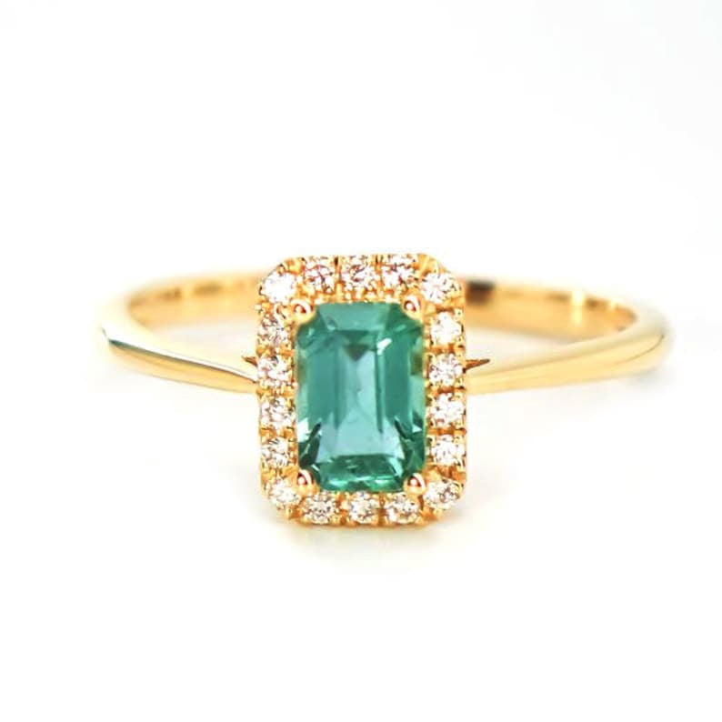 Columbian Emerald, Diamond Halo Classic Proposal Ring 14K plated ...