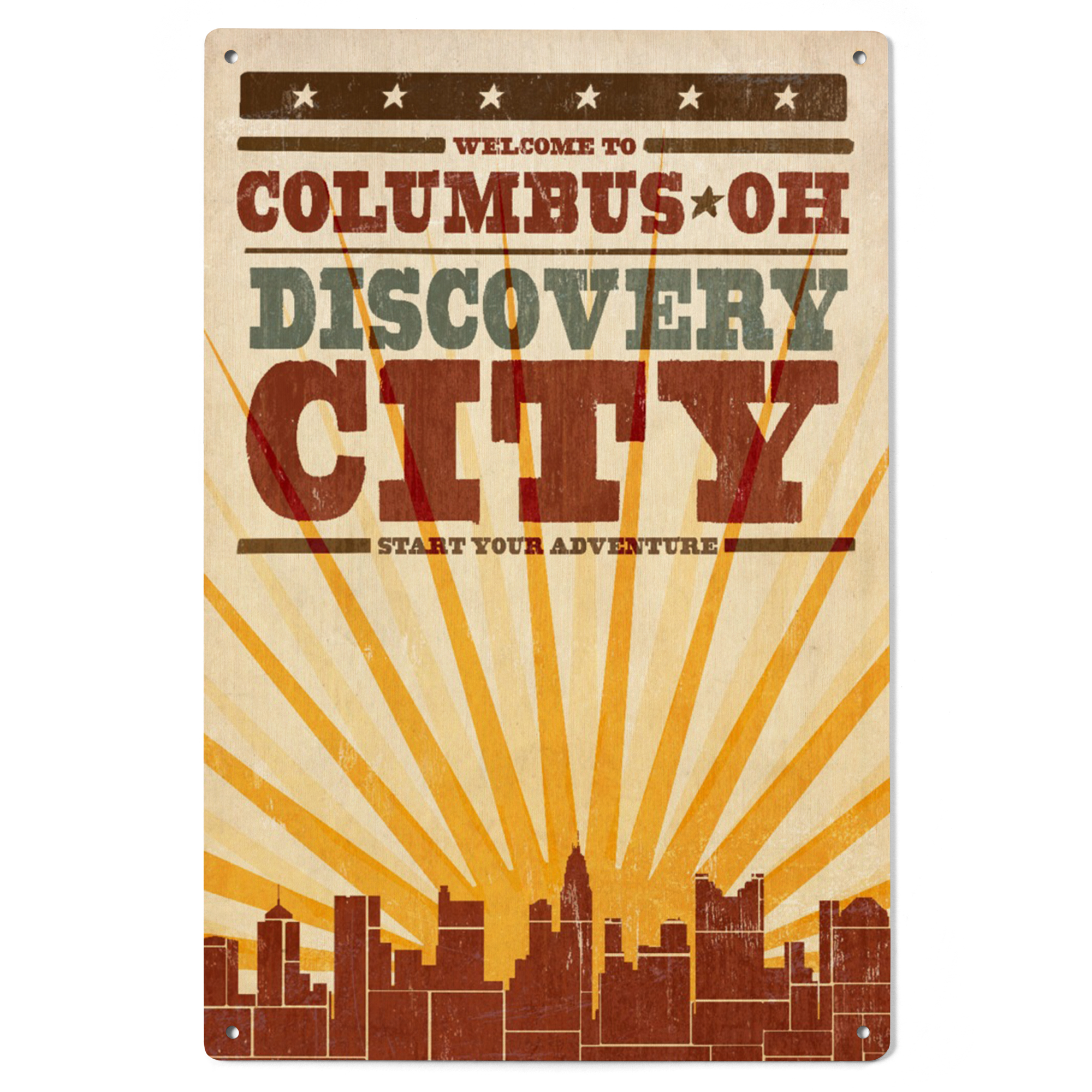 Columbus, Ohio, Skyline and Sunburst Screenprint Style Birch Wood Wall ...