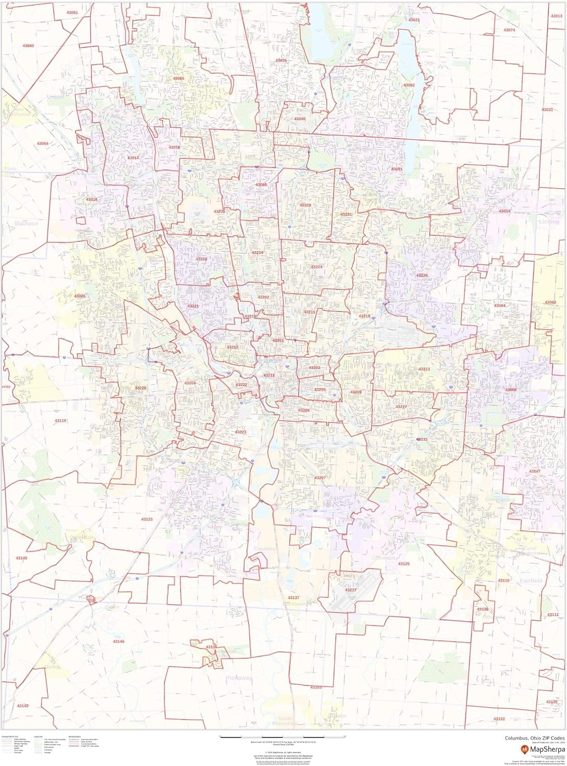 Columbus, Ohio Zip Codes - 36" x 48" Laminated Wall Map - Walmart.com