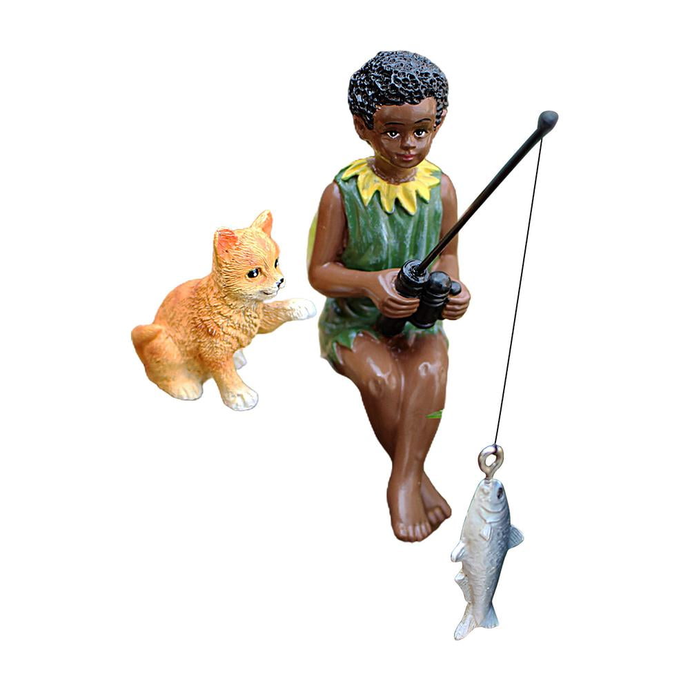 Comaie Little Boy Fishing Statue Resin Fairy Boy with Cat Fishing ...