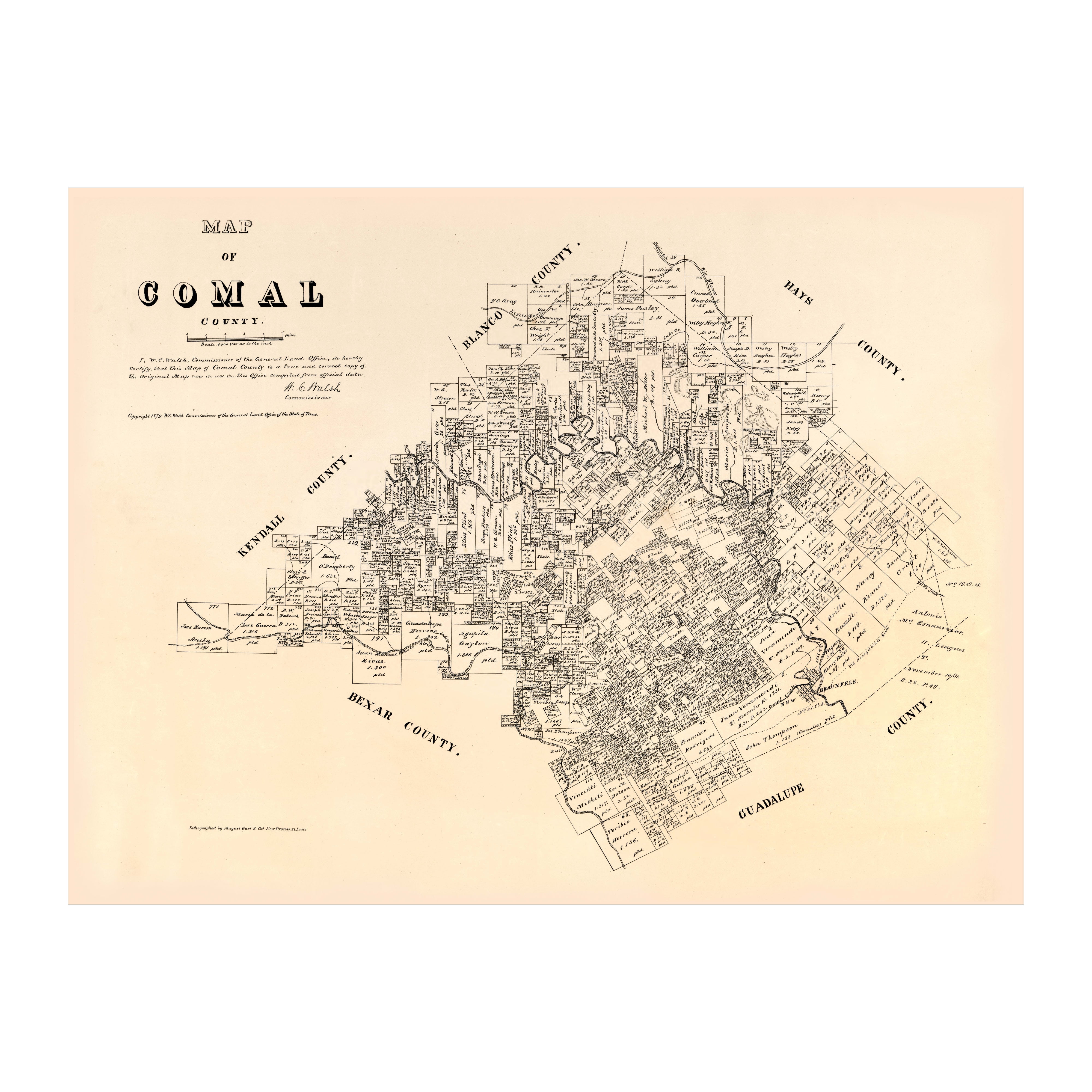 Comal County Texas Art, 1879 Vintage Map of Comal County TX History ...