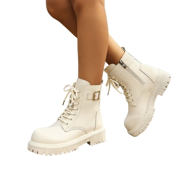 Combat Boots Womens Trendy Buckle Lug Sole Furry Lined Winter Booties ...