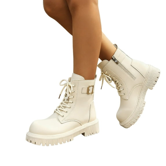 Combat Boots Womens Trendy Buckle Lug Sole Furry Lined Winter Booties ...