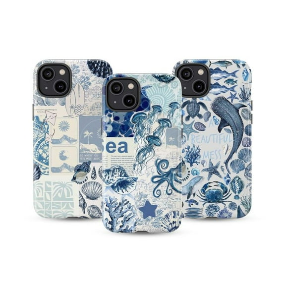 Combo of 3 Coastal Ocean Collage Phone Case, Blue Sea Starfish Whale ...