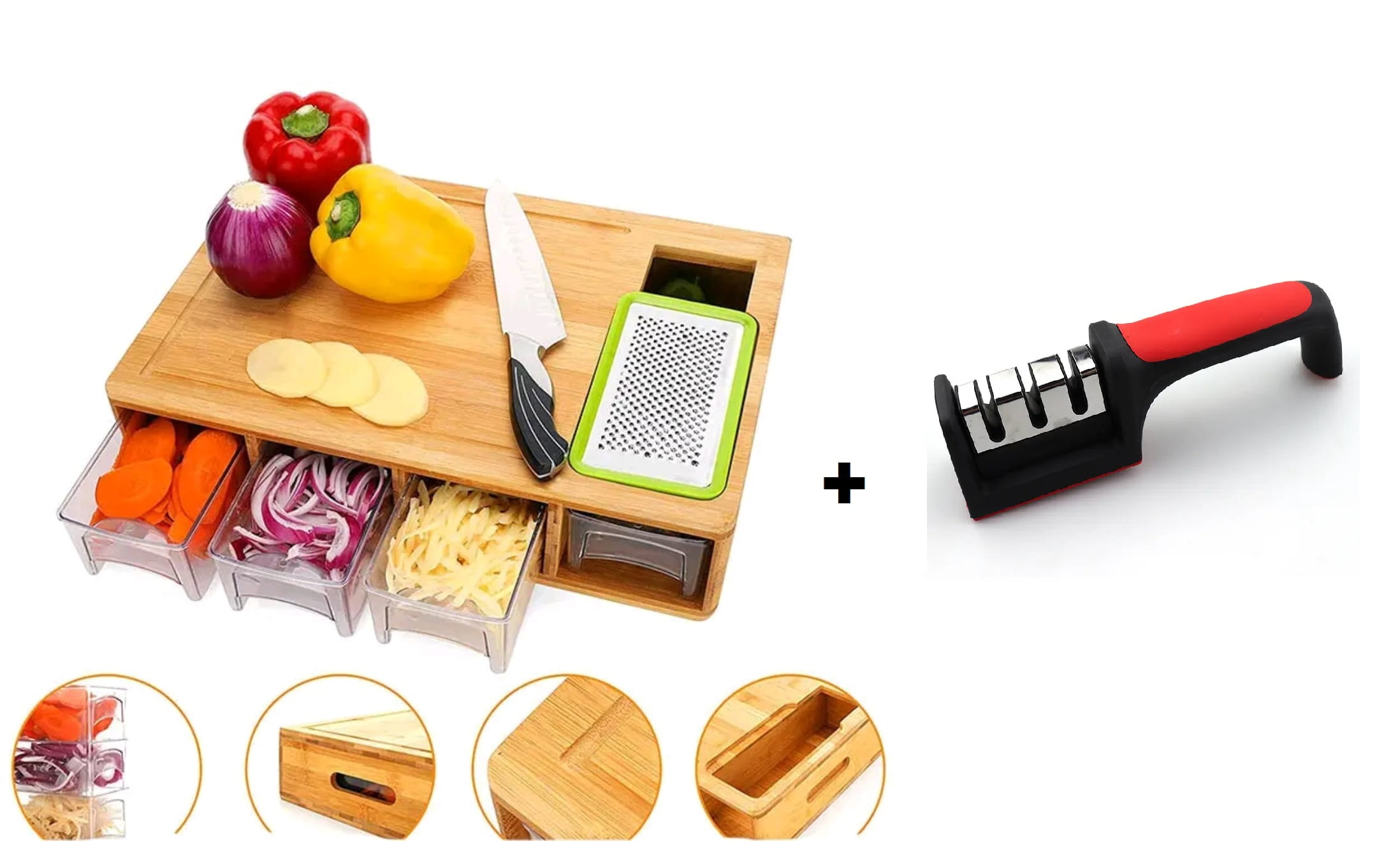 Combo Bamboo Cutting Board with Containers and Graters, Sturdy Meal ...