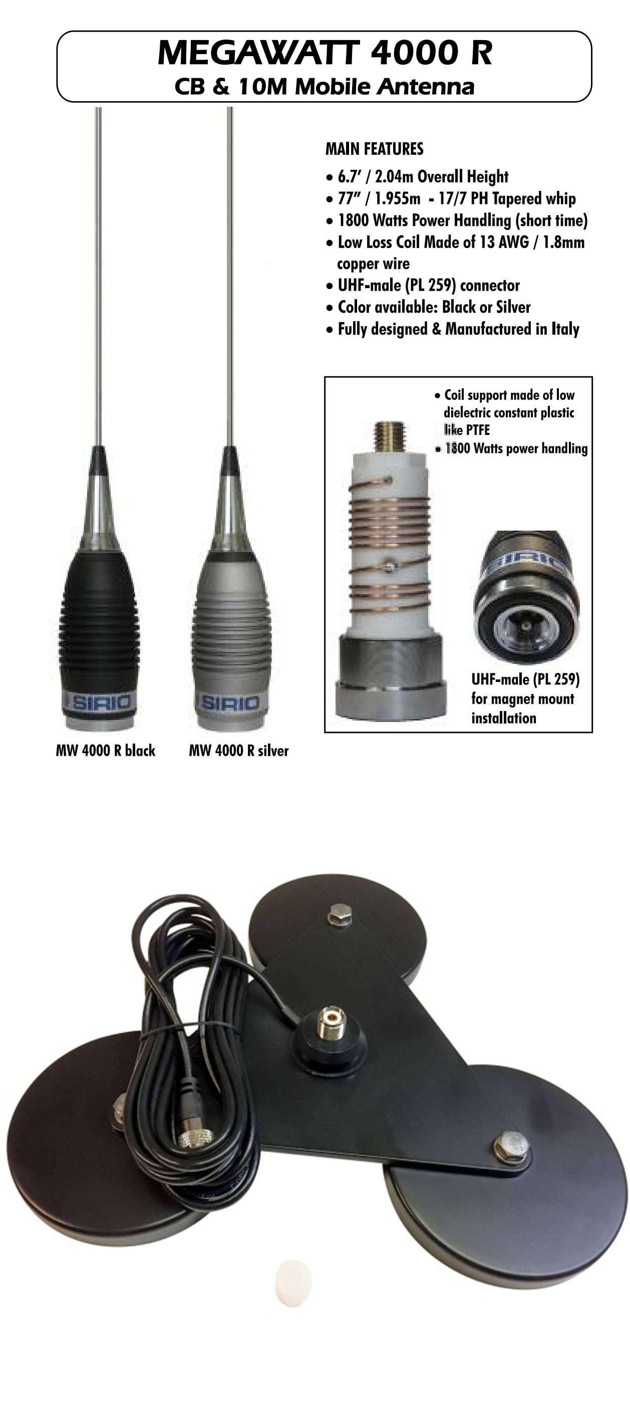 Combo: Sirio Megawatts 4000 R 10/CB Mobile Antenna With Heavy Duty ...