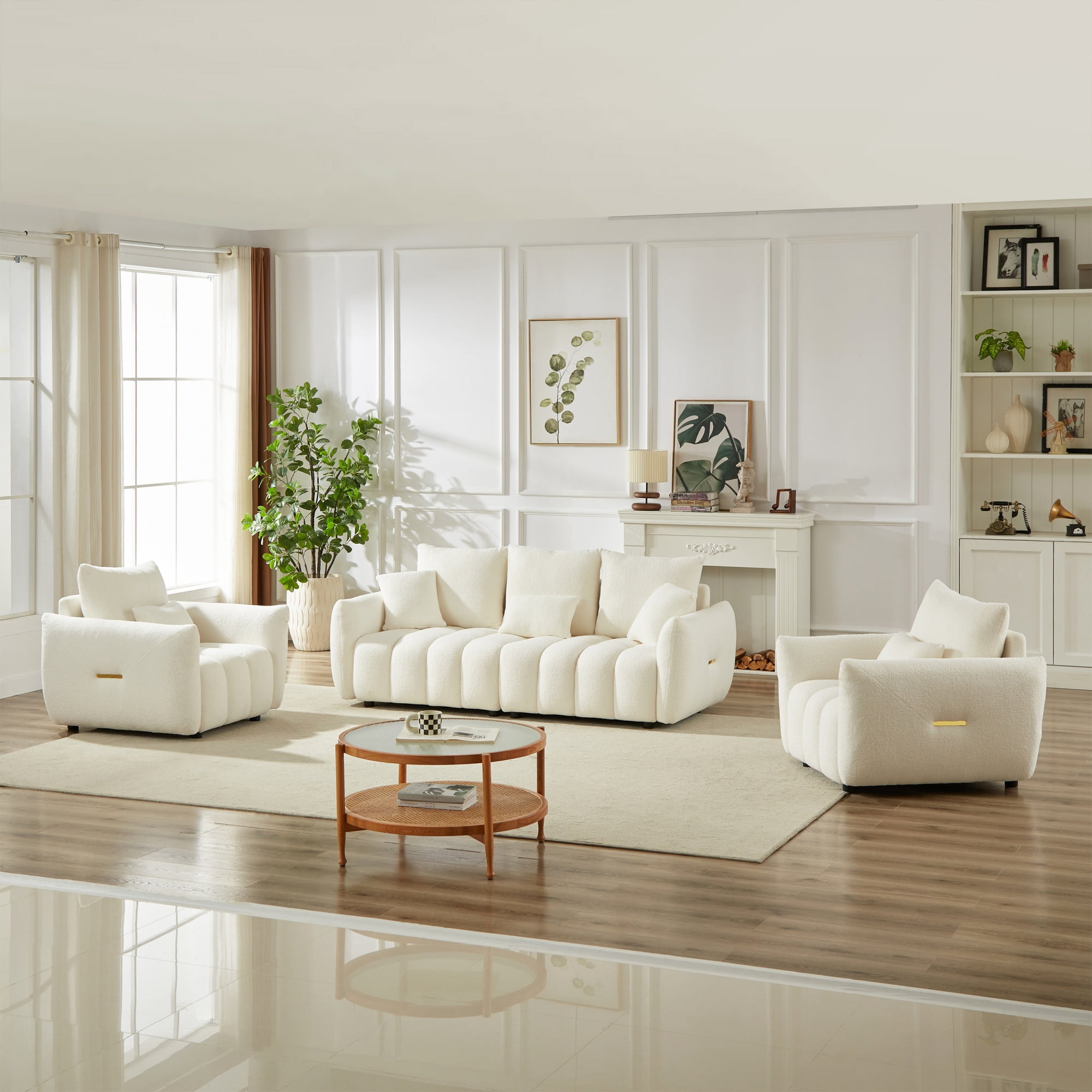 Combo Sofa Set 3+1+1 Seater with 5 Cushions, Teddy Fleece Wooden Frame ...