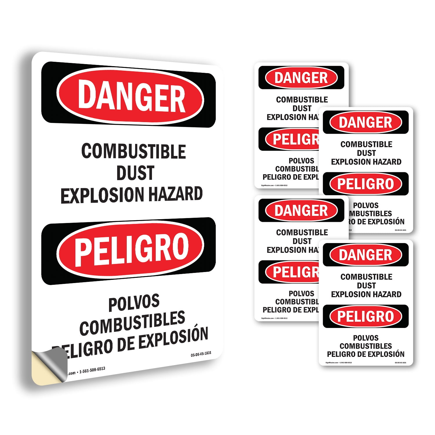 Combustible Dust Explosion Hazard Bilingual OSHA Danger Vinyl Decal Label 18 Inch x 12 Inch - 5 ...