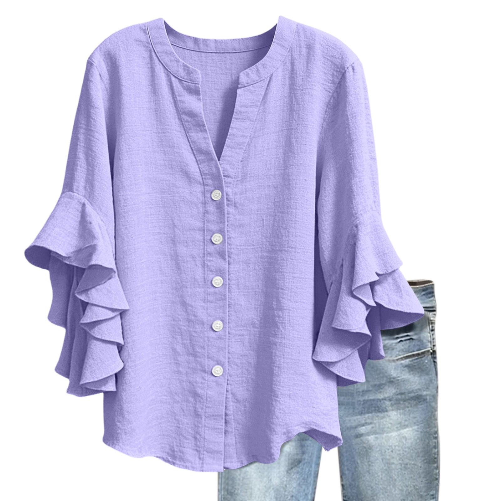 Comdrip 3/4 Button down Shirts for Women Bell Sleeve Casual Ruffle Hem ...