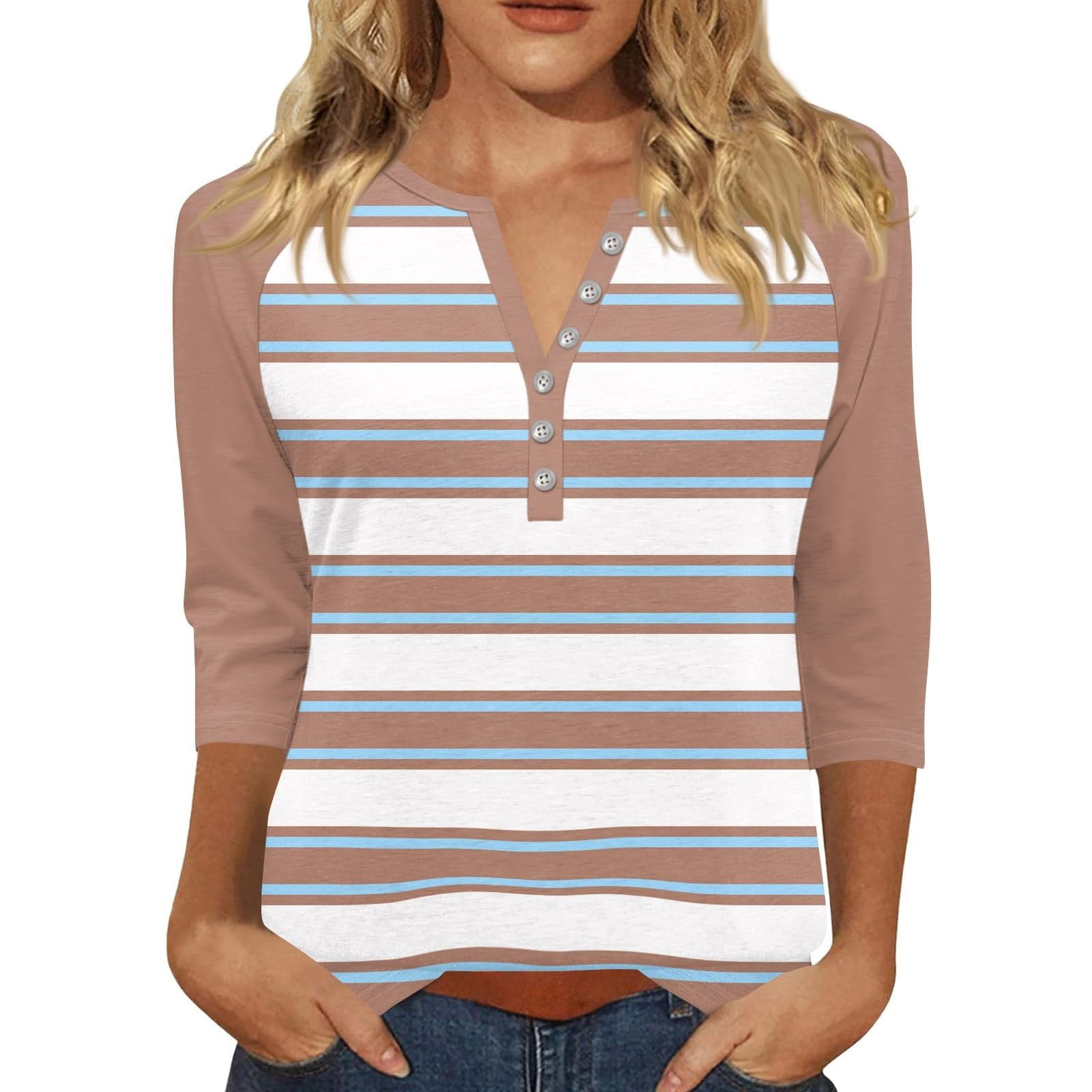Comdrip Comfy Tops for Women, 3/4 Length Sleeve Womens Tops Cotton Button V Neck Shirt Casual ...