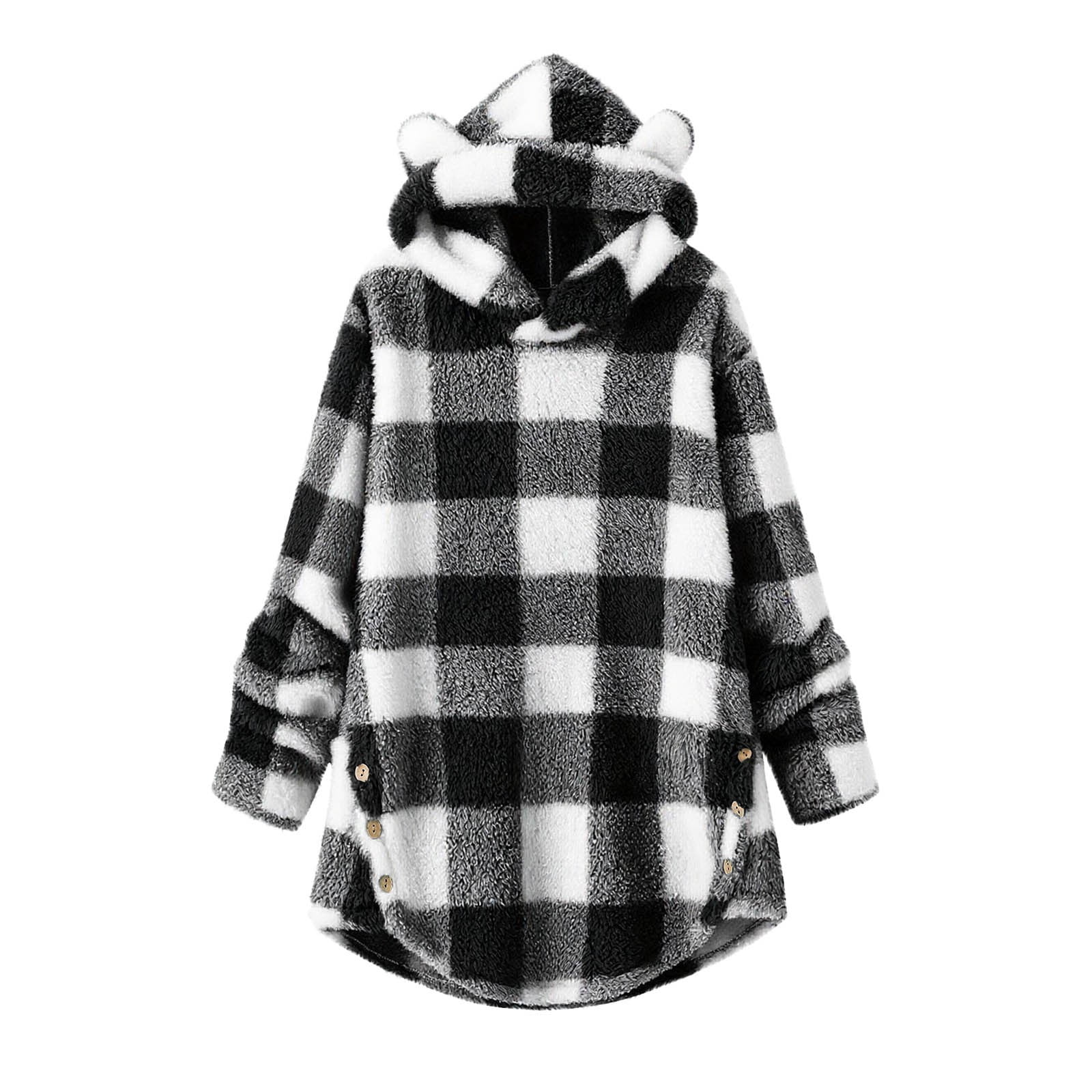 Comdrip Cute Hoodies, Fuzzy Jacket for Women Long Sleeve Plaid Splicing ...
