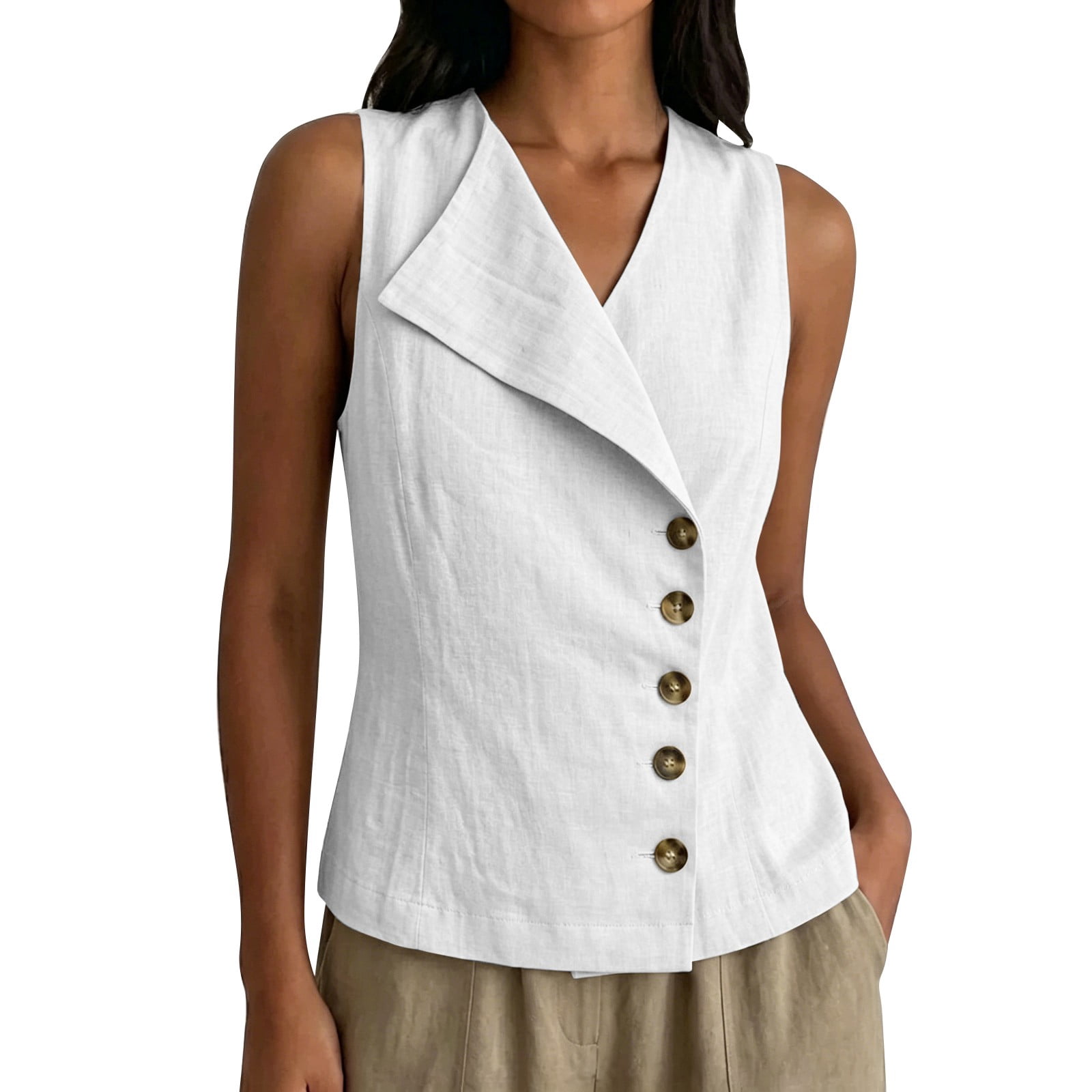 Comdrip Women's Cotton Slim Fit Button down Sleeveless V-Neck Solid ...