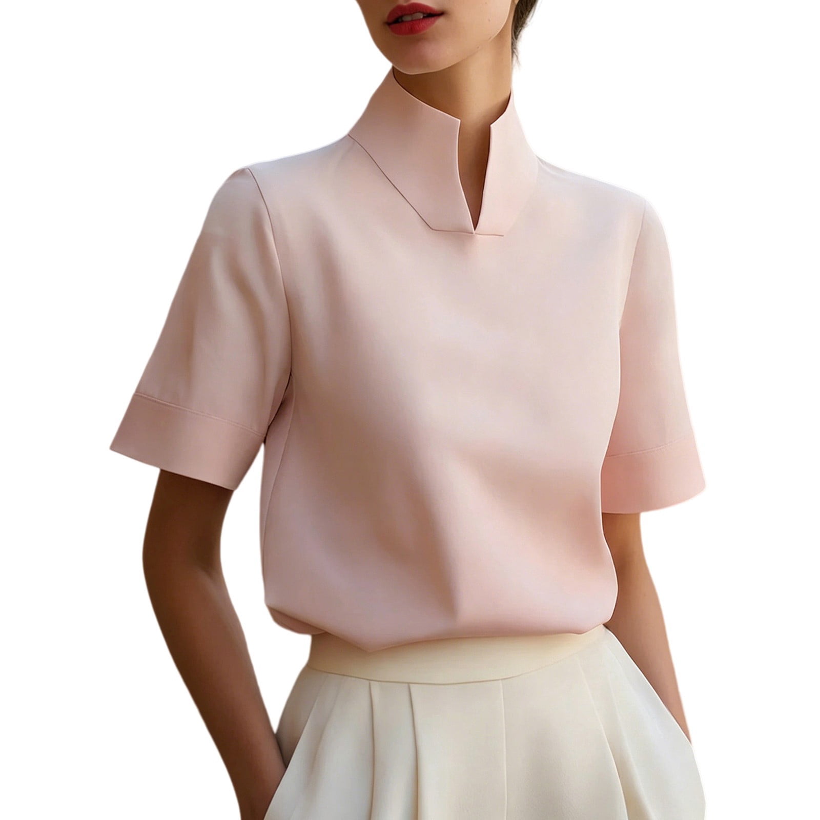Comdrip Women's Short Sleeve Stand Collar Solid Color Woven Twill ...