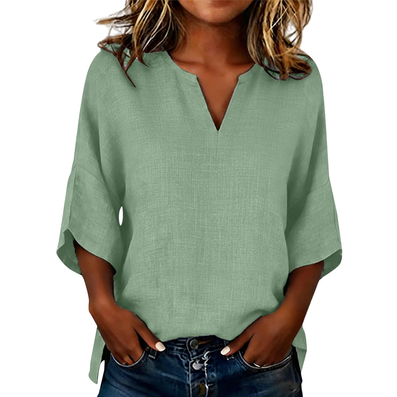 Comdrip Womens 3/4 Sleeve Tops V Neck Wrinkles in Wash Water Work ...