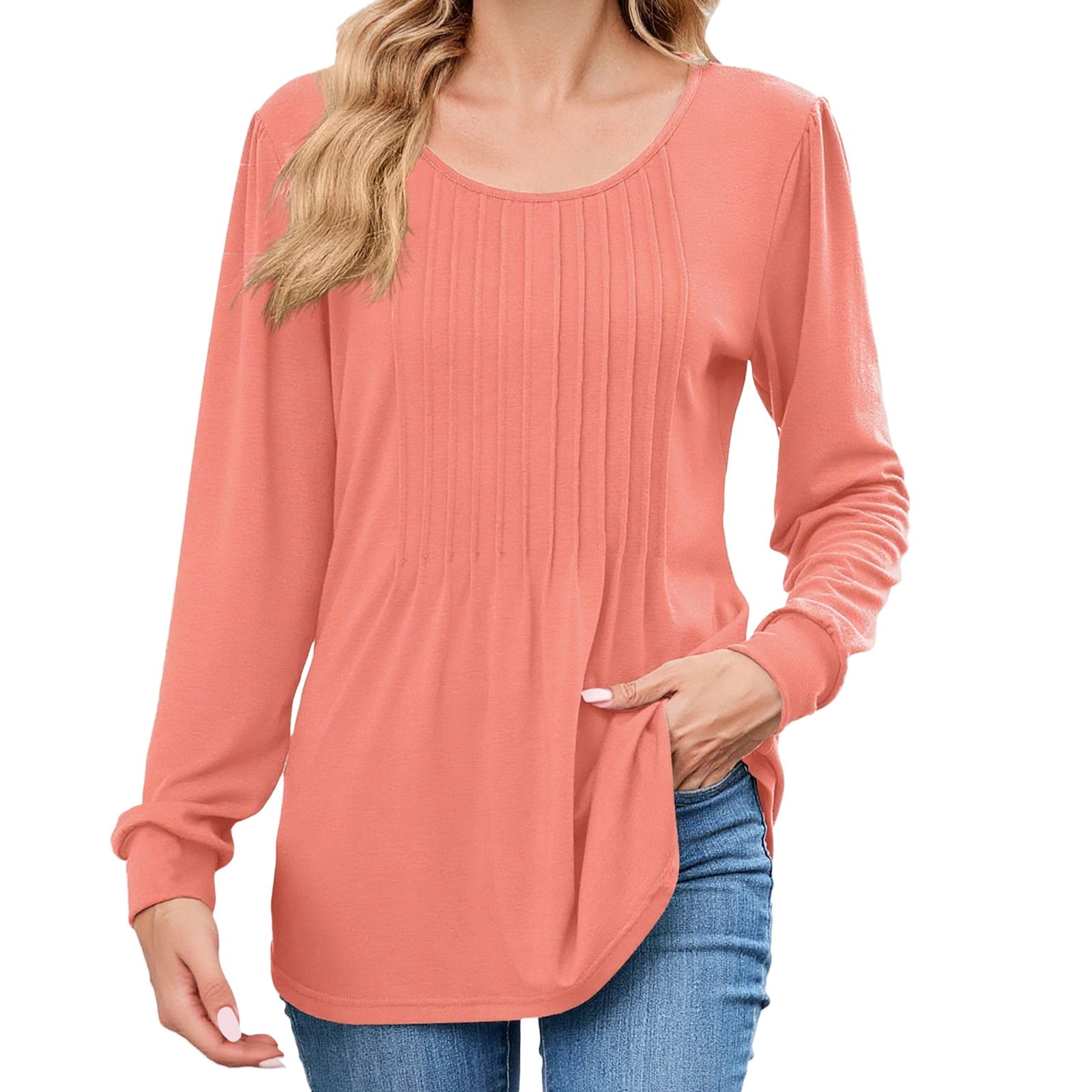 Comdrip Womens Casual Tops, Women's Puff Long Sleeve Tops Pleated Crew ...