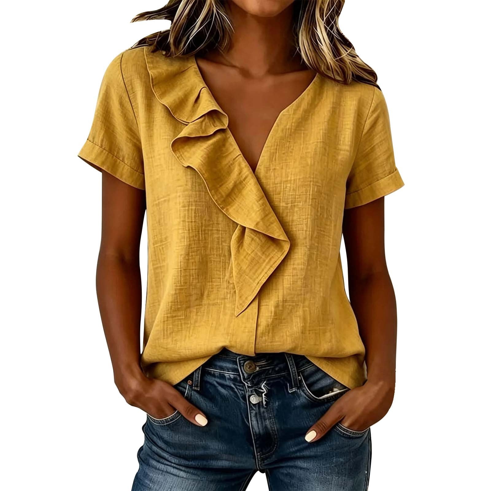 Comdrip Womens Ruffle Short Sleeve Button down V-Neck Solid Color Jute ...