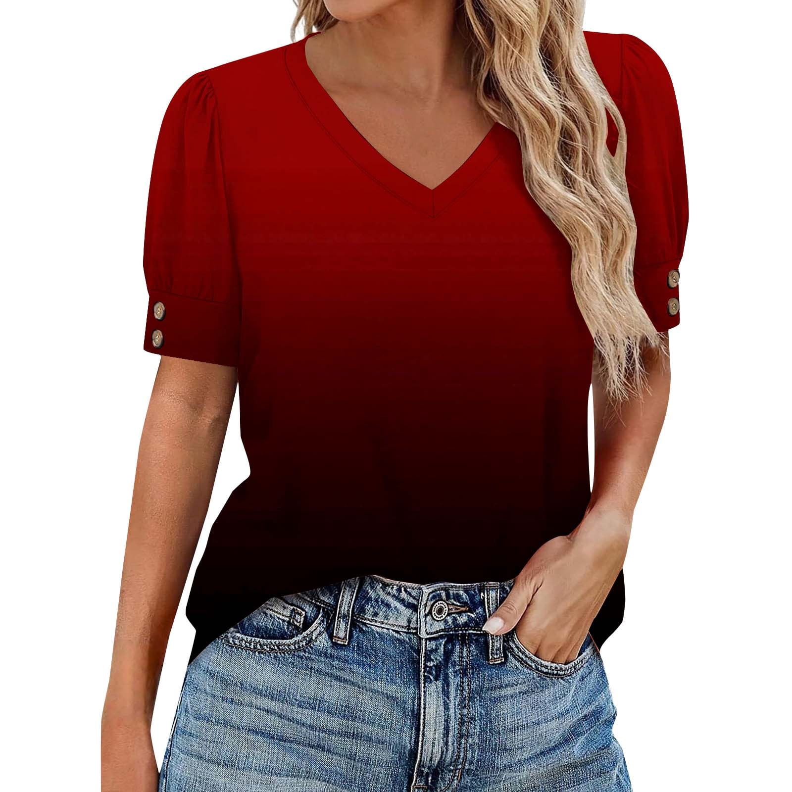 Comdrip Womens Summer Tops Rolled Short Sleeve Crew Neck Shirts ...