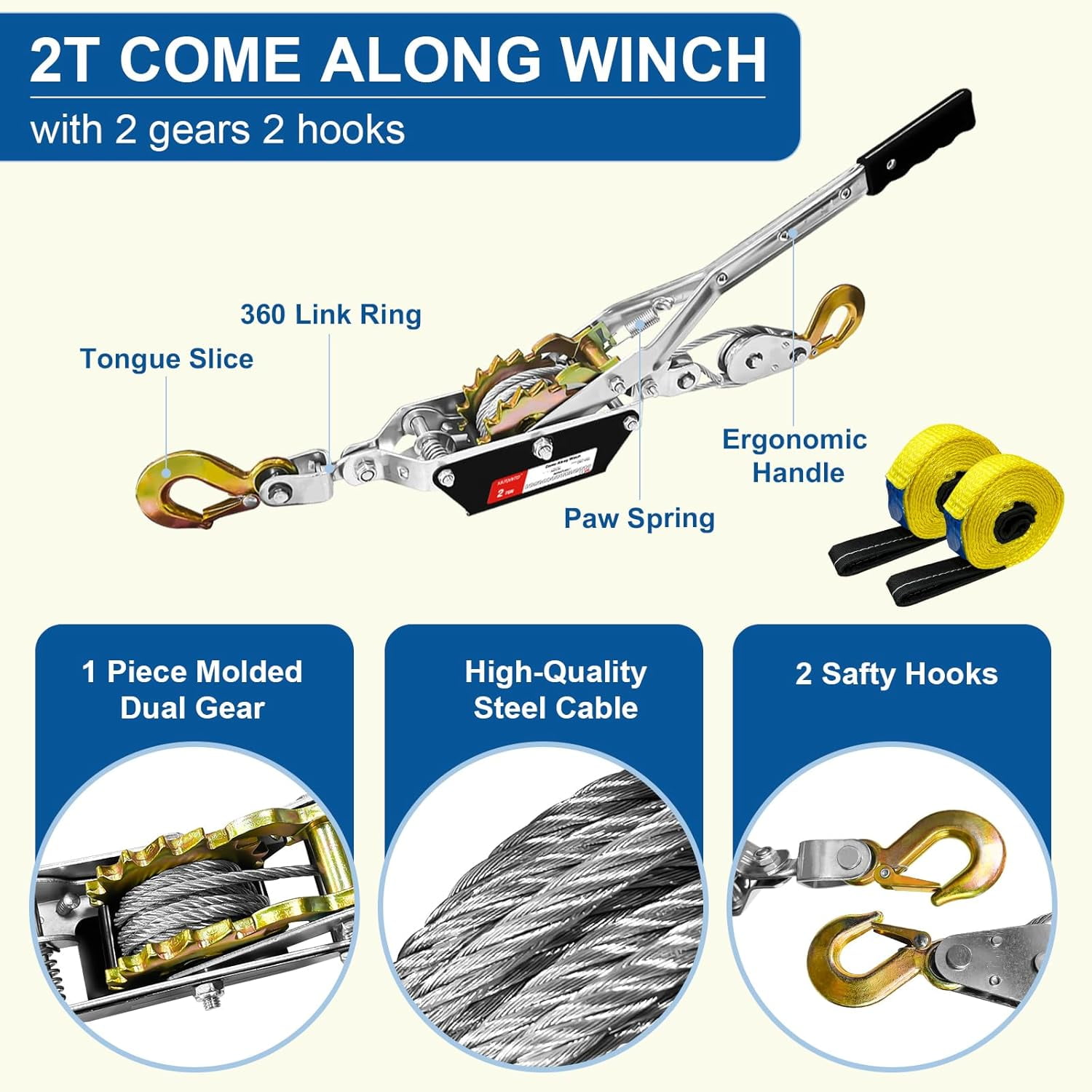 Come Along Winch 2-Ton with Two 1" x8FT Lifting Sling Heavy Duty Power ...