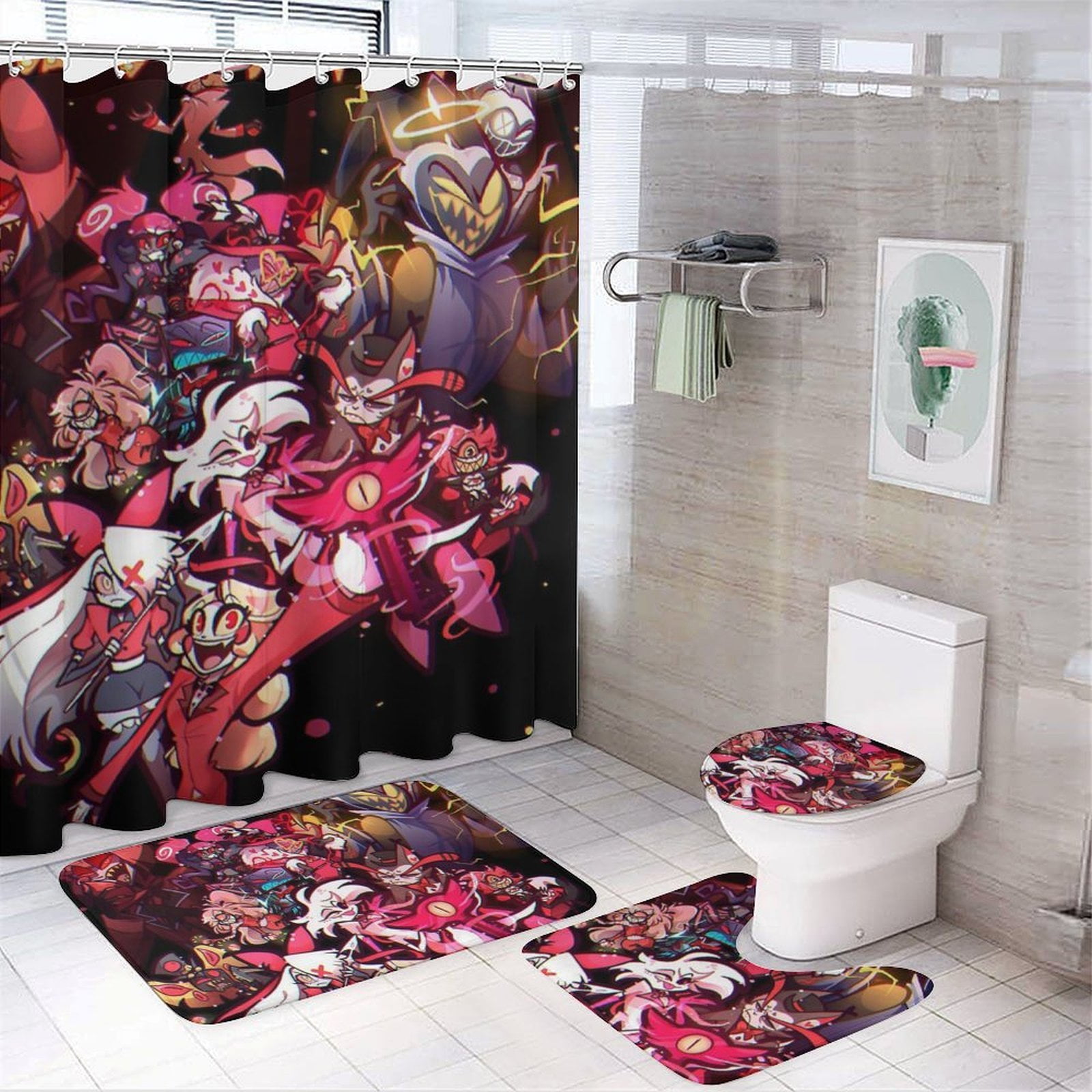 Comedy Hazbin Hotel Dance Shower Curtain Set 4 Pieces Non-Slip Rug Bath ...