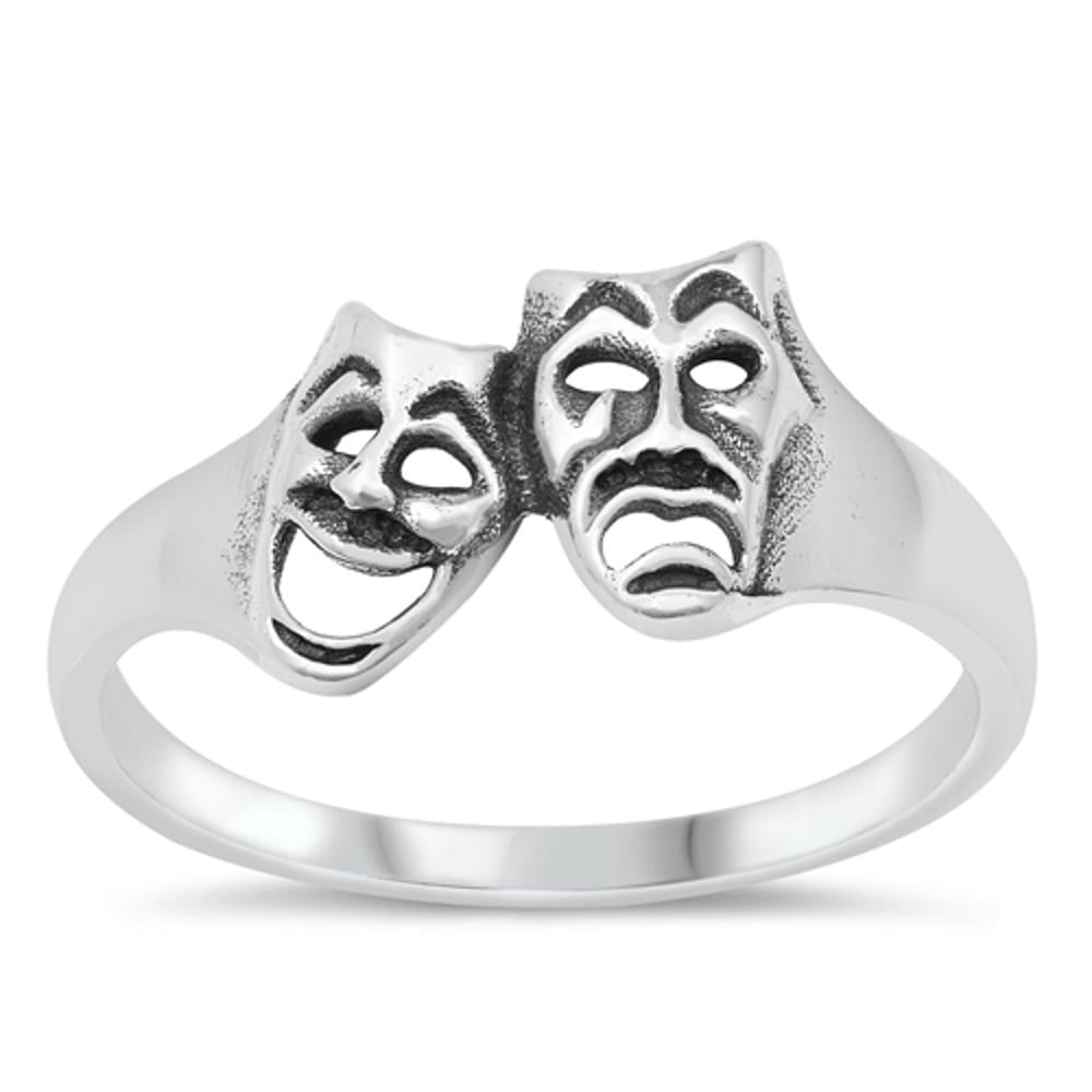 Comedy Tragedy Face Mask Smile Cry Ring .925 Sterling Silver Band ...