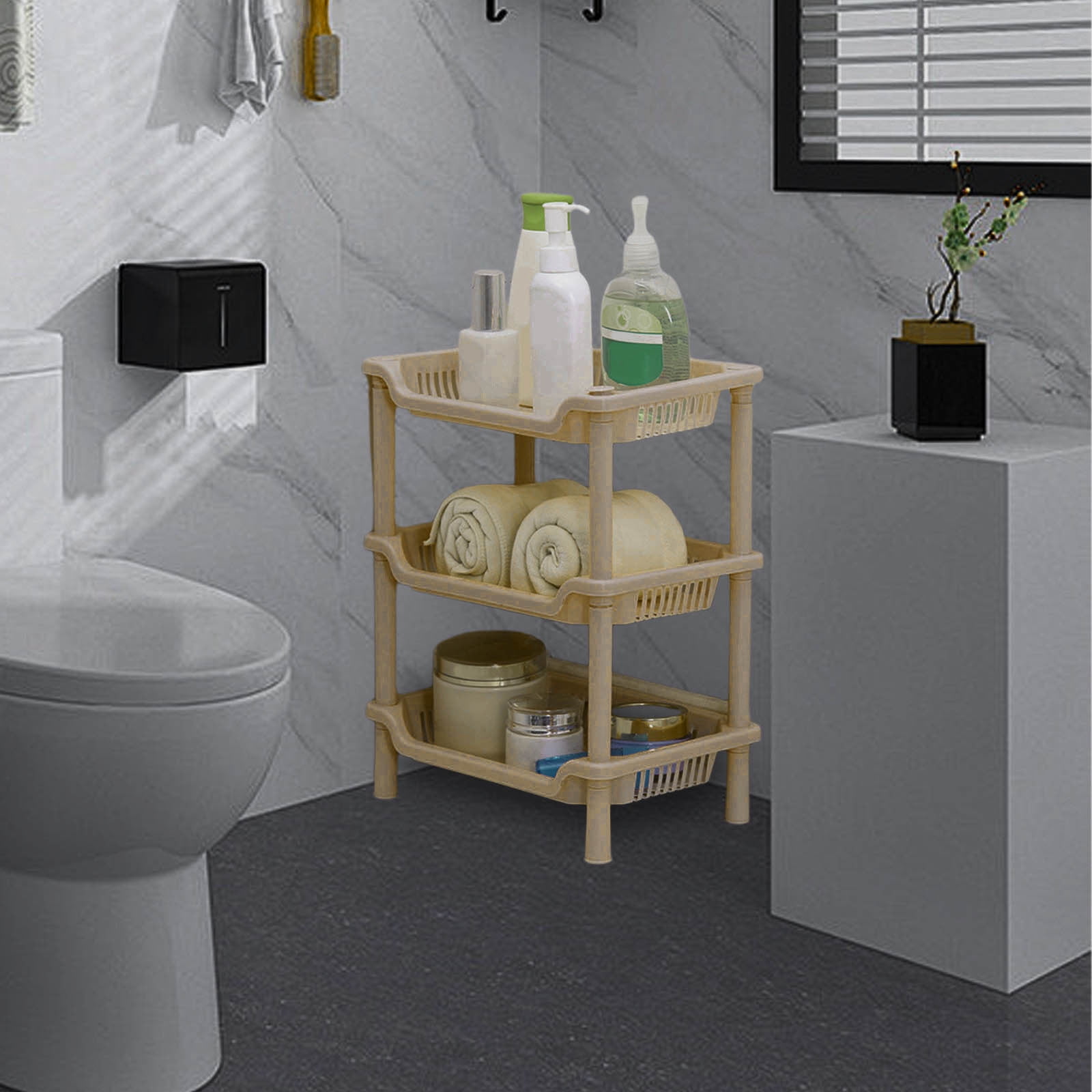 Comefolife 3 Tier Plastic Storage Shelf Rack, 14.2-Inch Tall Floor ...