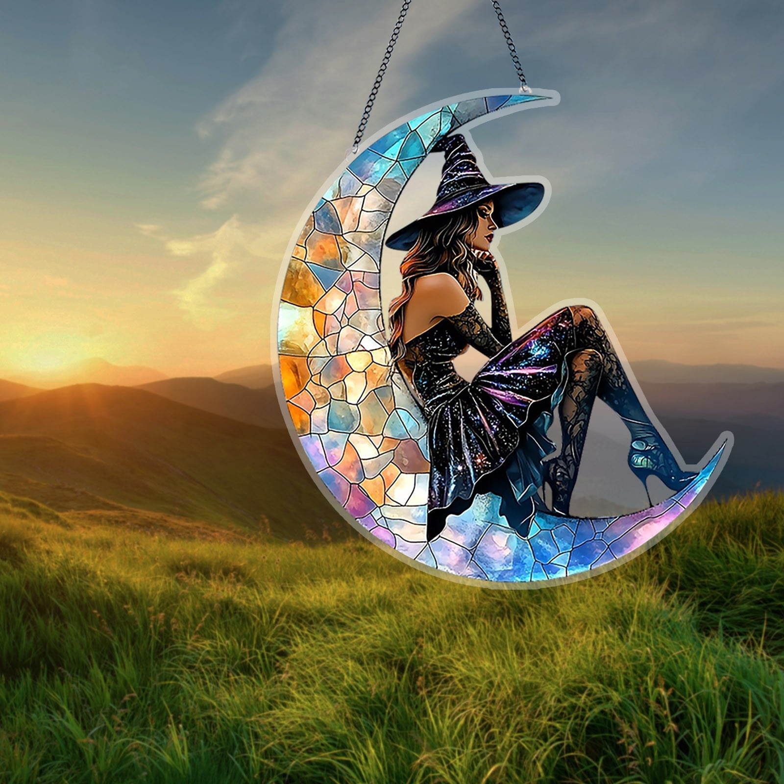 Comefolife Charming Moonlight Witch Acrylic Stained Glass Window ...