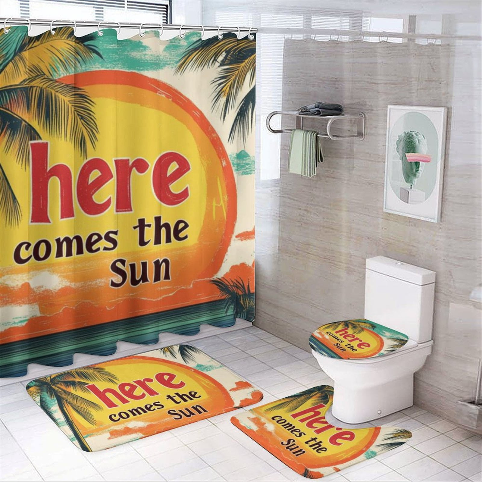 Here Comes The Sun 4 Piece Bathroom Shower Curtain Sets with Rugs ...