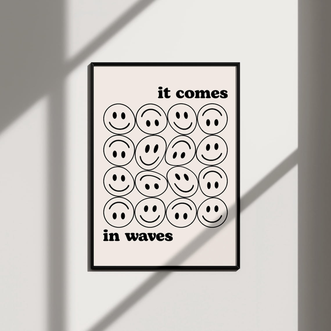 It Comes In Waves Smiley Face Retro Wall Art Print Out Poster, Black ...