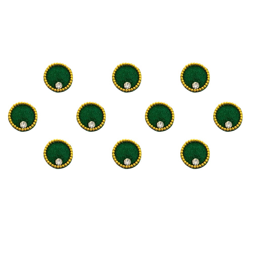 Comet Busters Round Green Velvet Bindi With Gold Bead Border And Stone ...