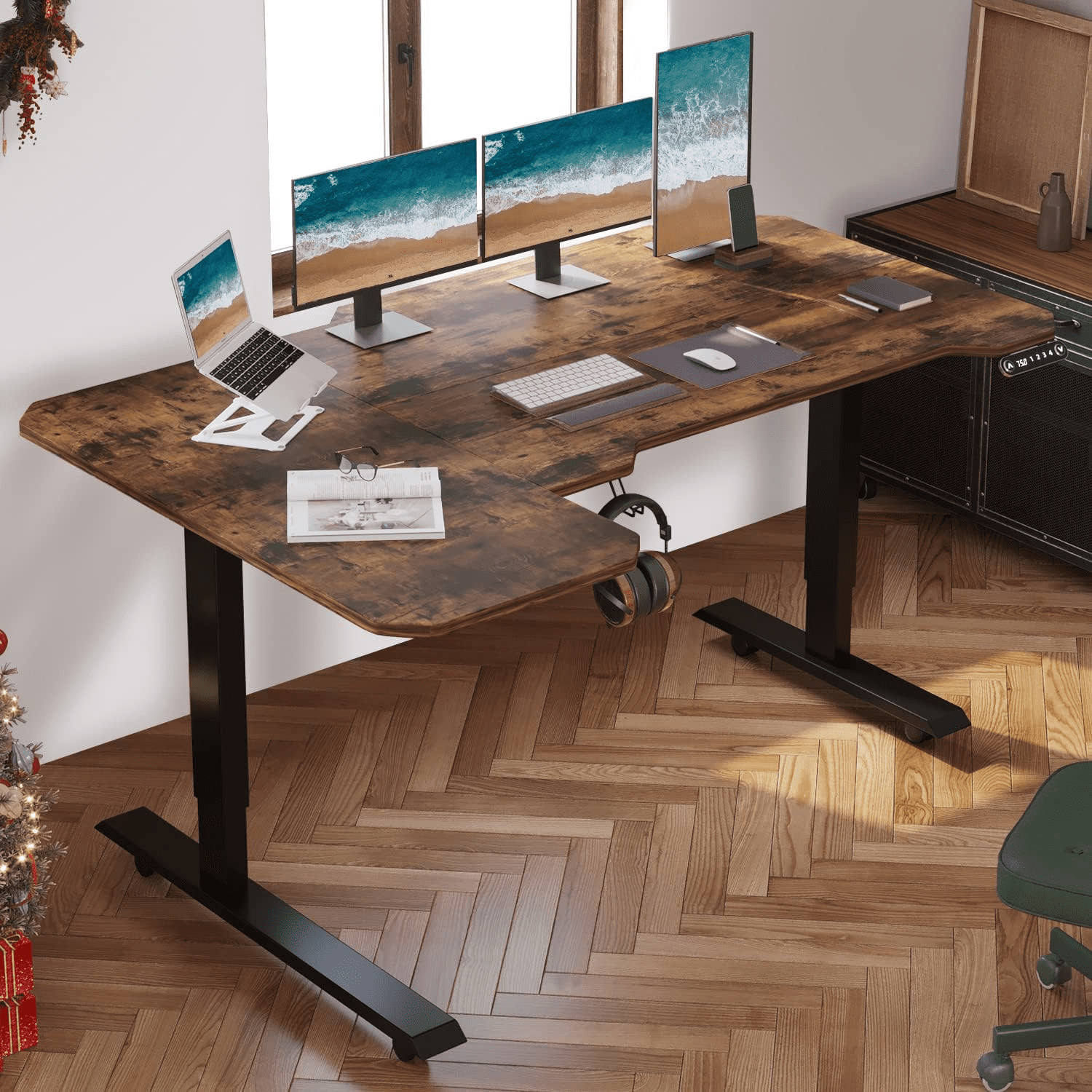 CometMin 59-Inch Power Lift Electric Adjustable L-Shaped Desk with ...