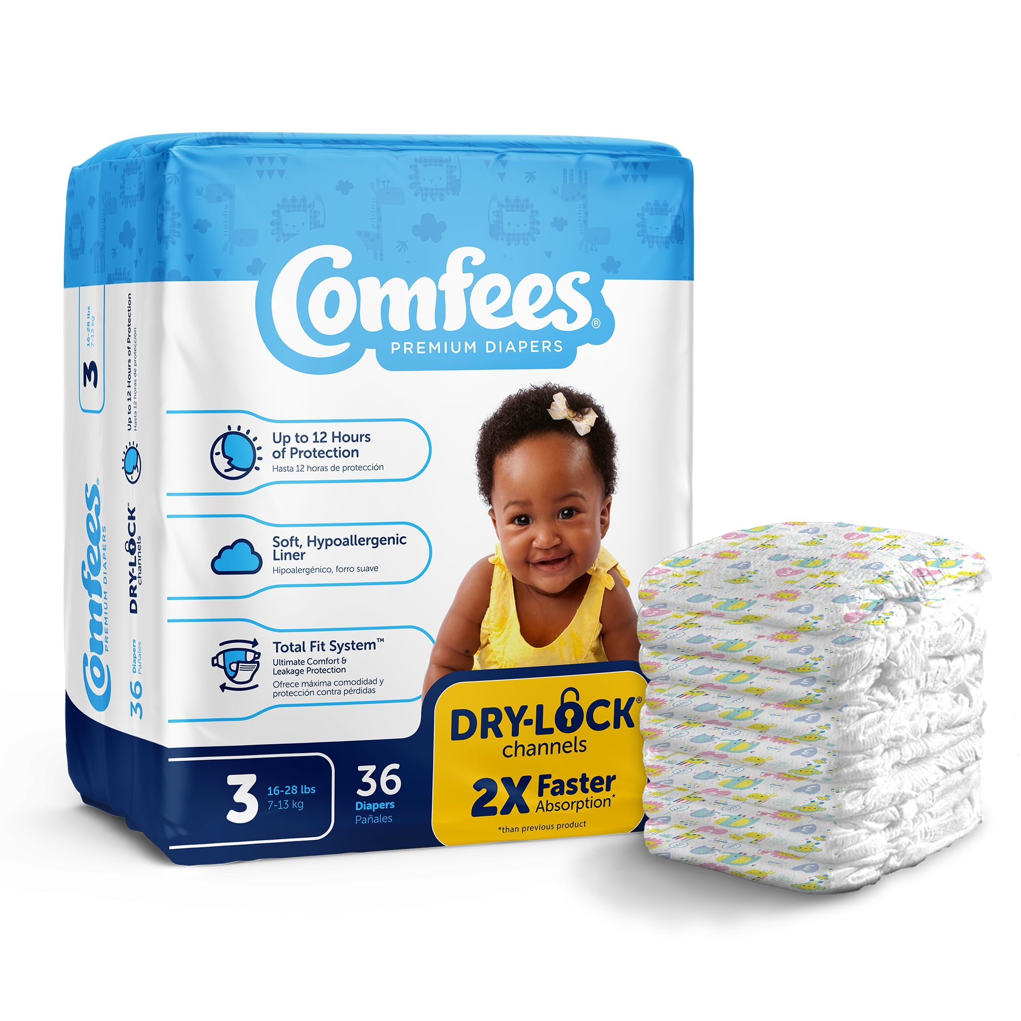Comfees Baby Baby Diaper Size 3, 12 hour protection 16 to 28 lbs., 36 ...