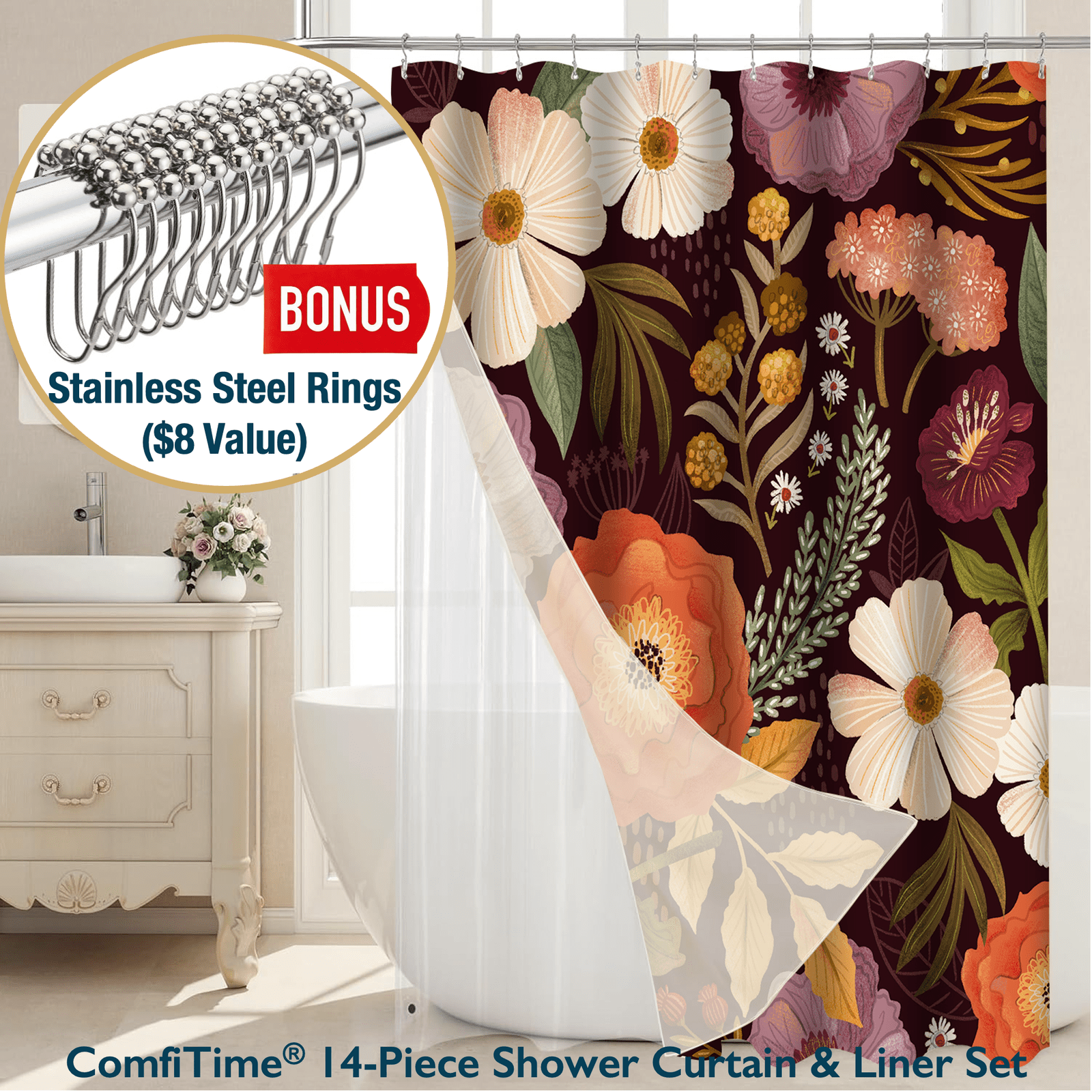 ComfiTime 14-Piece Boho Botanical Shower Curtain and Liner Set with 12 ...