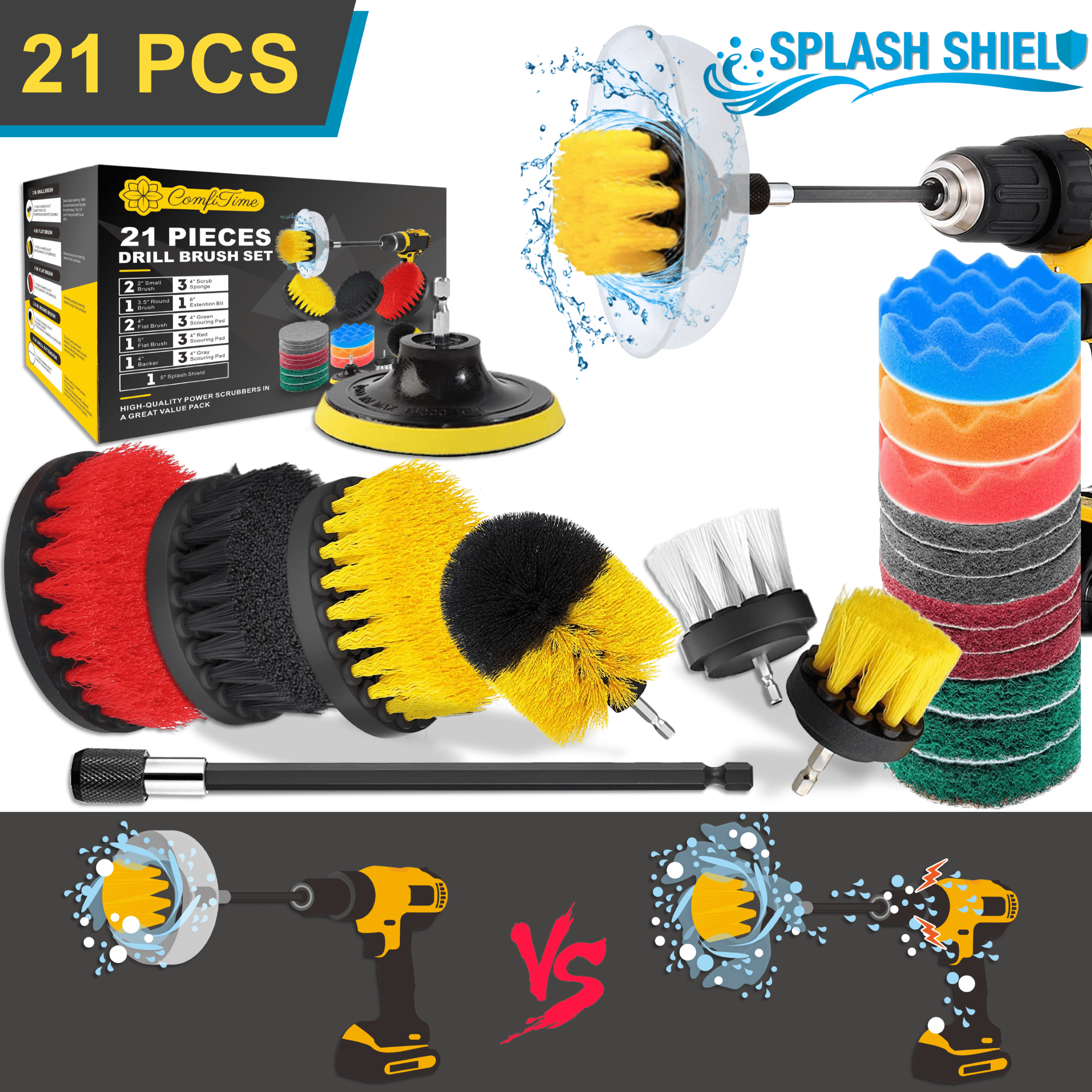 ComfiTime 21PCS Drill Brush Set, Splash Shield, Scrubbing Brushes, Pads ...