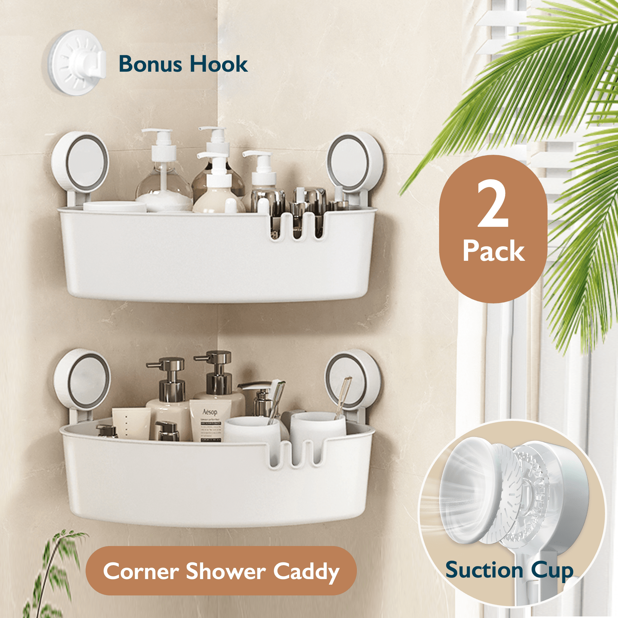 ComfiTime Suction Cup Corner Shower Caddy Set (2 Pack) – No-Drill, No ...