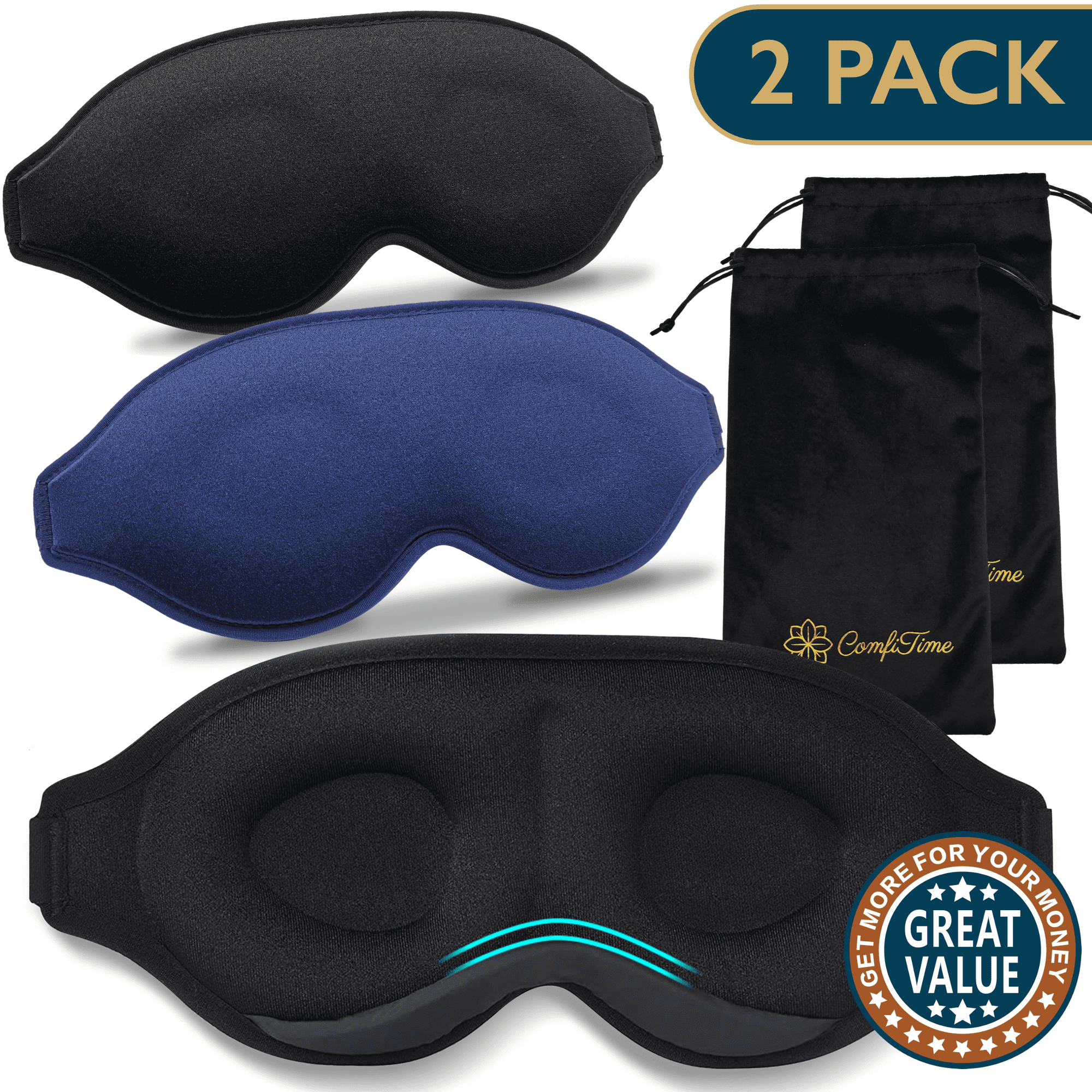 ComfiTime 2Pack Sleep Mask - 100% Blackout, Contour Blindfold, Soft ...