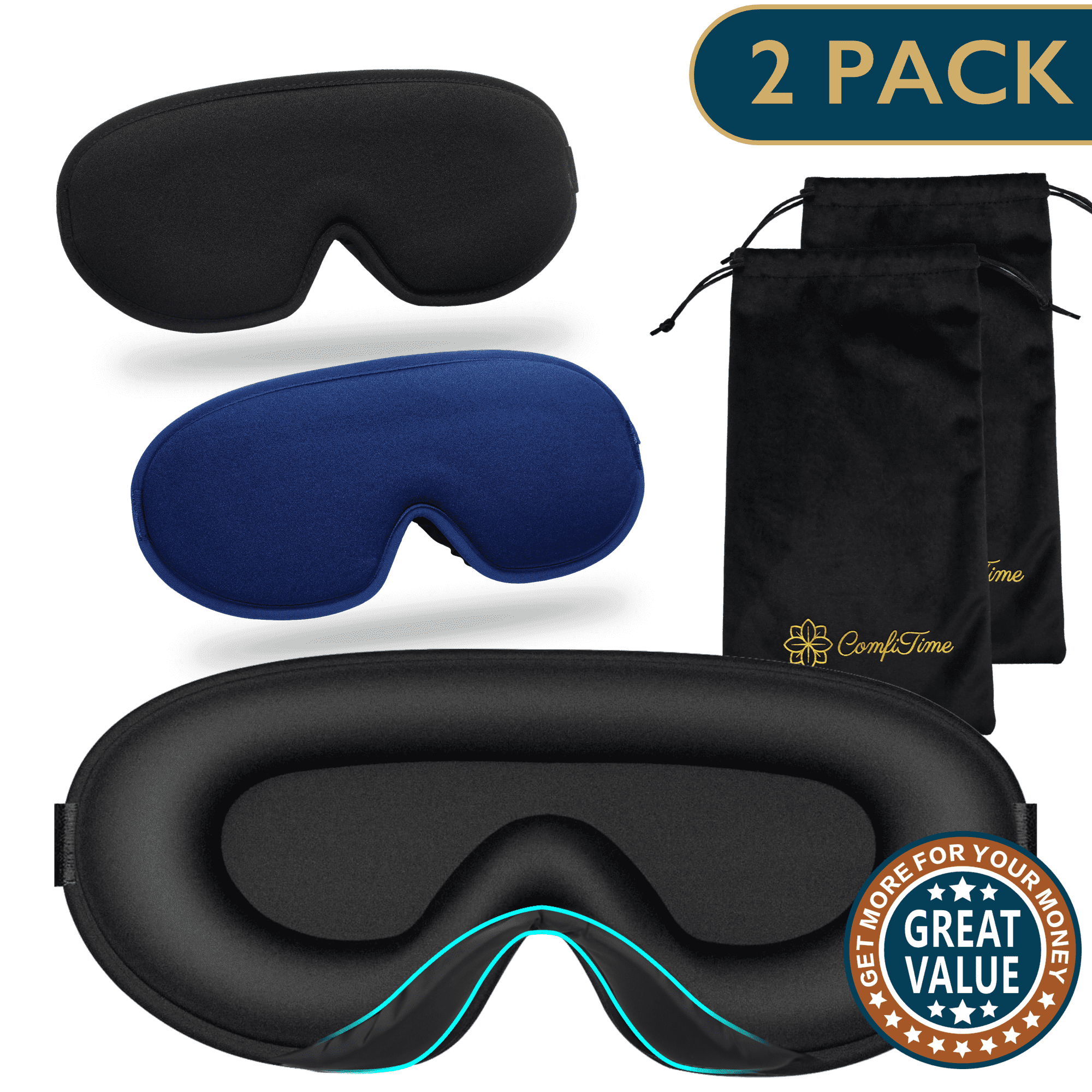 "ComfiTime 3D Sleeping Mask, 100% Blackout Eye Mask for Adults, Contoured Soft Memory Foam ...