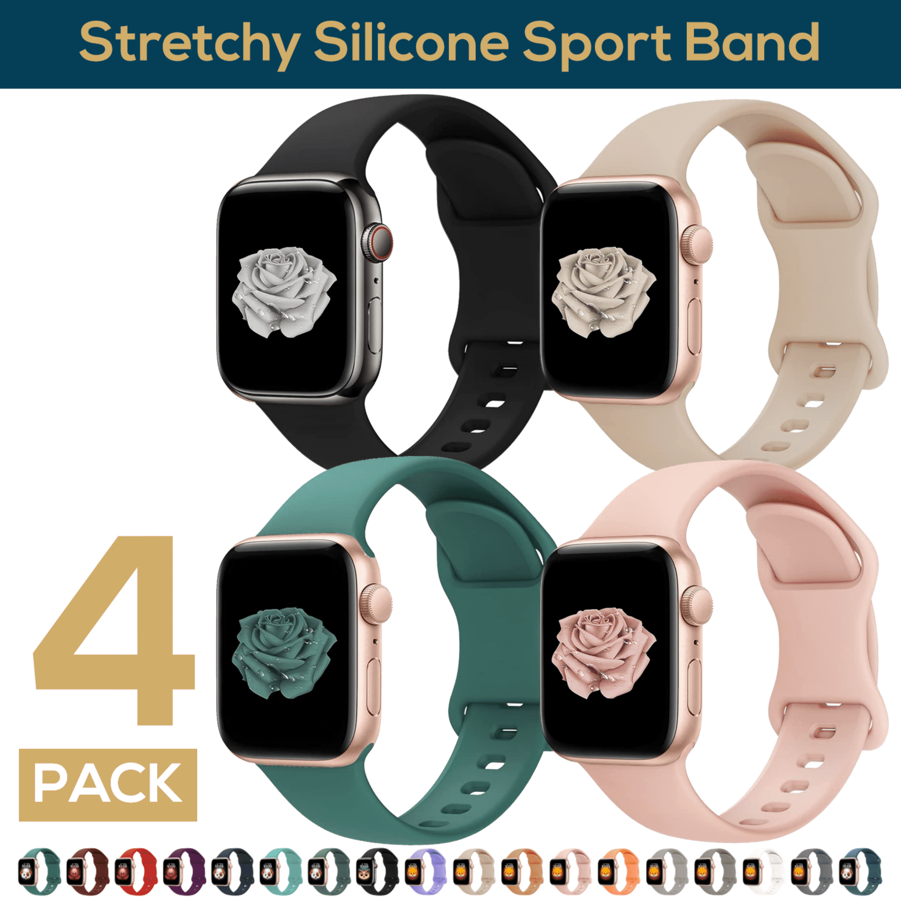 ComfiTime 4-Pack Silicone Apple Watch Bands, Stretchy, For Men & Women ...