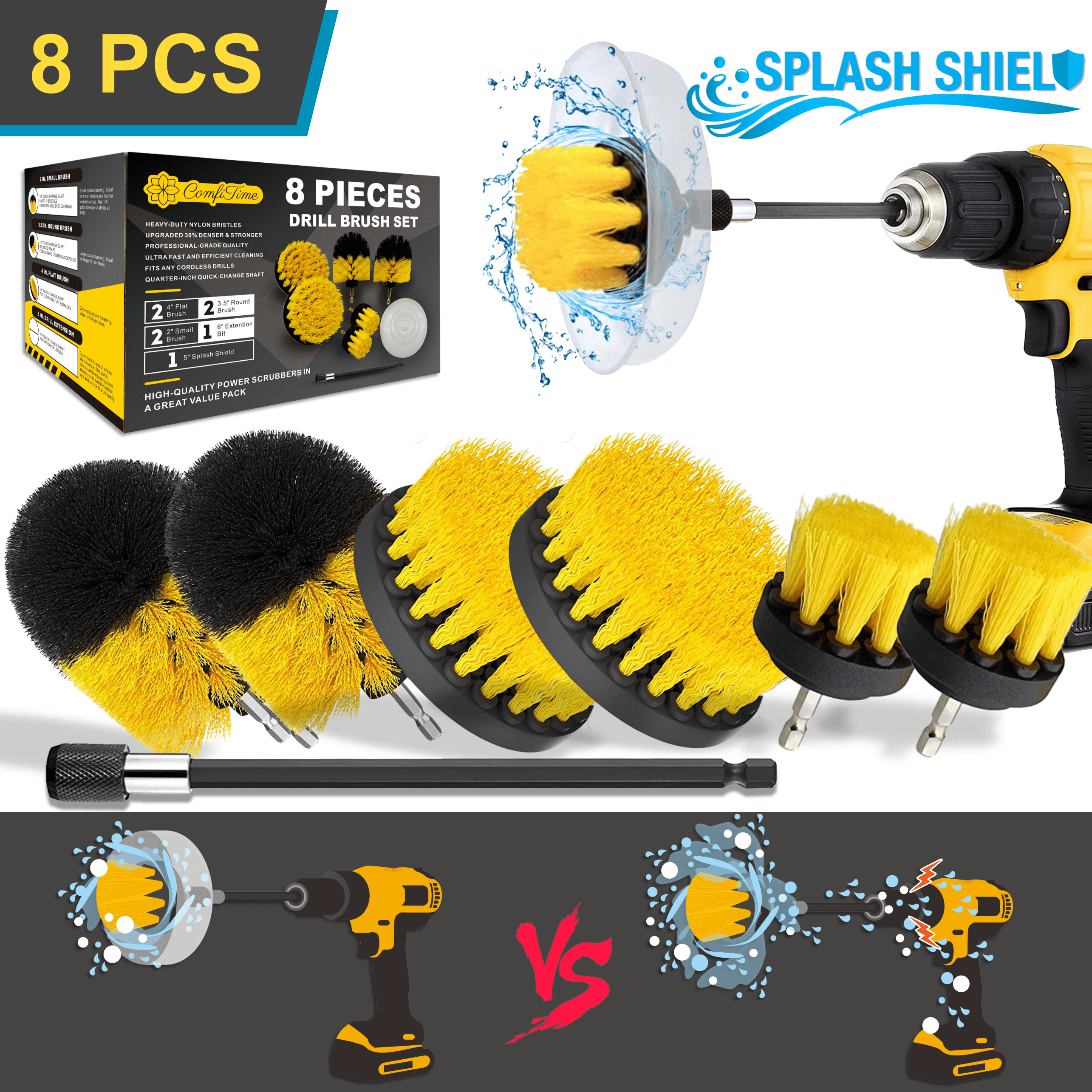 ComfiTime 8PCS Drill Brush Cleaning Set, Splash Shield, Stiff Bristles ...